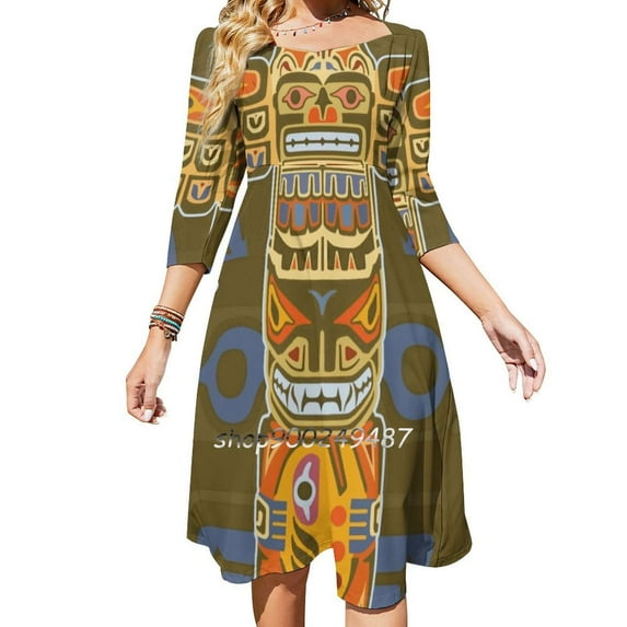 Alaskan Totem Poles Square Neck Dress Sweet Summer Dress Women Elegant ...
