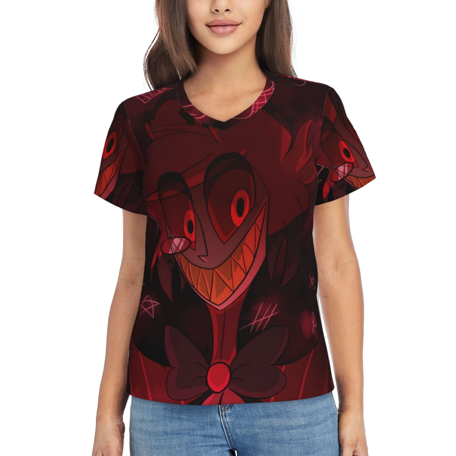 Alastor Hazbin Hotel Comedy Women's T Shirts V-Neck Tee Shirt Casual Short Sleeve T-Shirt Soft ...