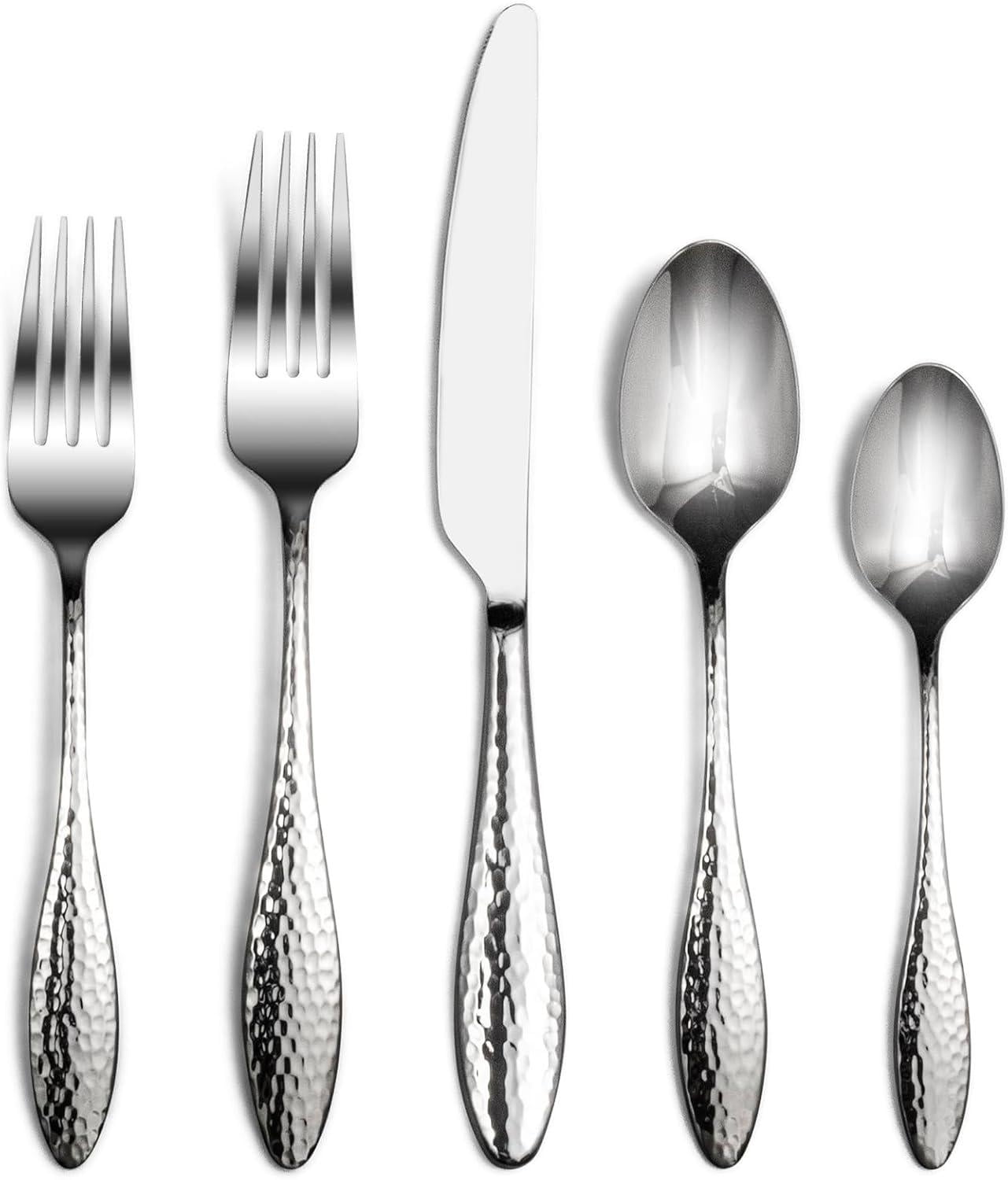 Alata Emma 40-Piece 18/10 Silverware Set, Hammered Flatware Set, Heavy Duty Stainless Steel ...