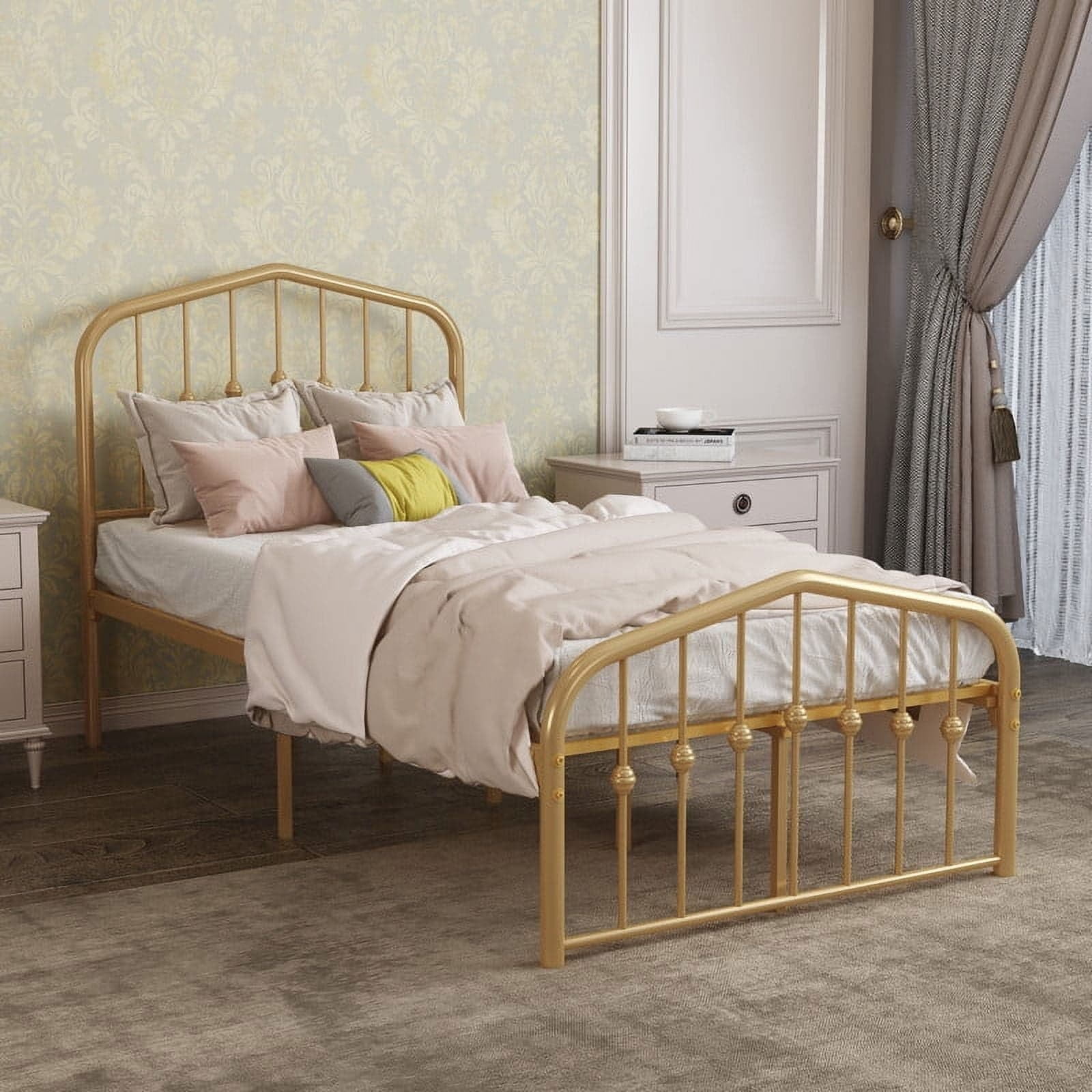 Alazyhome Platform Metal Bed Frame with Headboard, Iron Slat Support ...