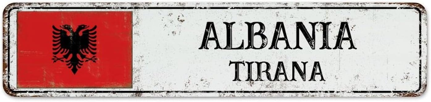Albania Flag City Street 4"x16" Metal Tin Sign Decorative Dining Room ...