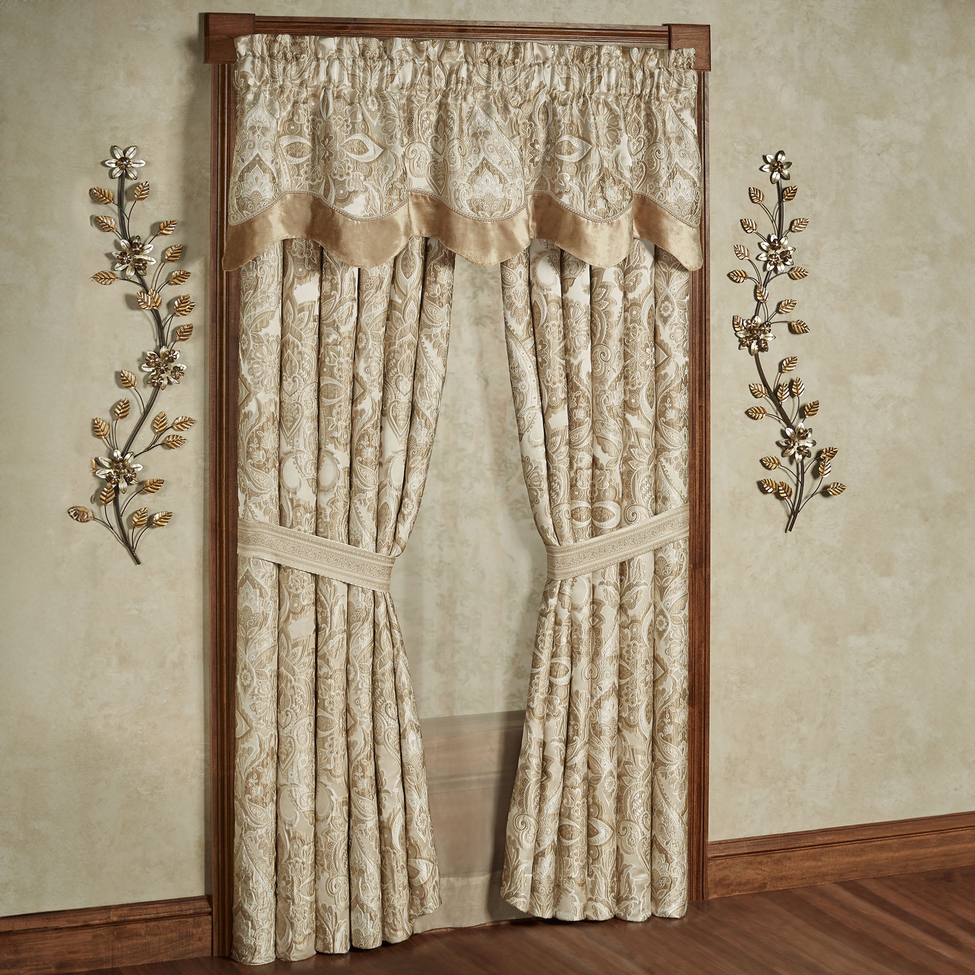 Albany Jacobean Floral Damask Window Set, Neutral Hues, Scallop Valance ...