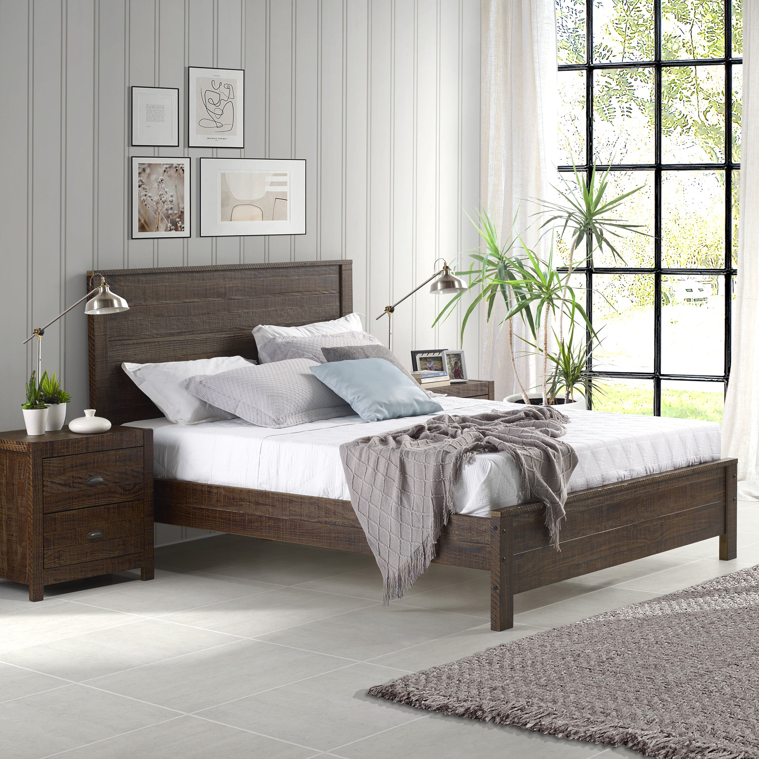 Albany Solid Wood Espresso Bed, Modern Rustic Wooden Queen Size Bed ...