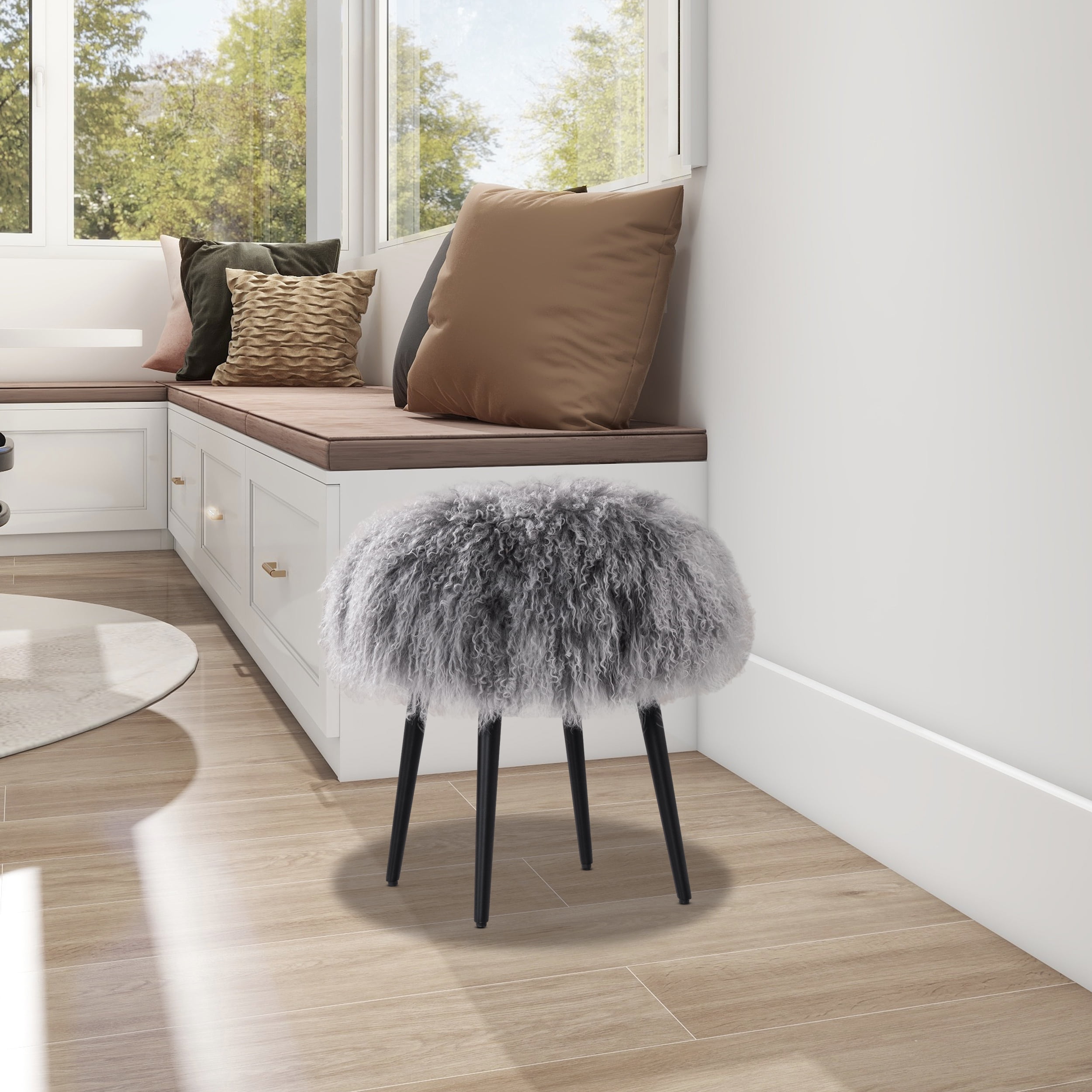 Alberta 16" Mongolian Sheepskin Round Ottoman,Dimensional Gray Genuine ...