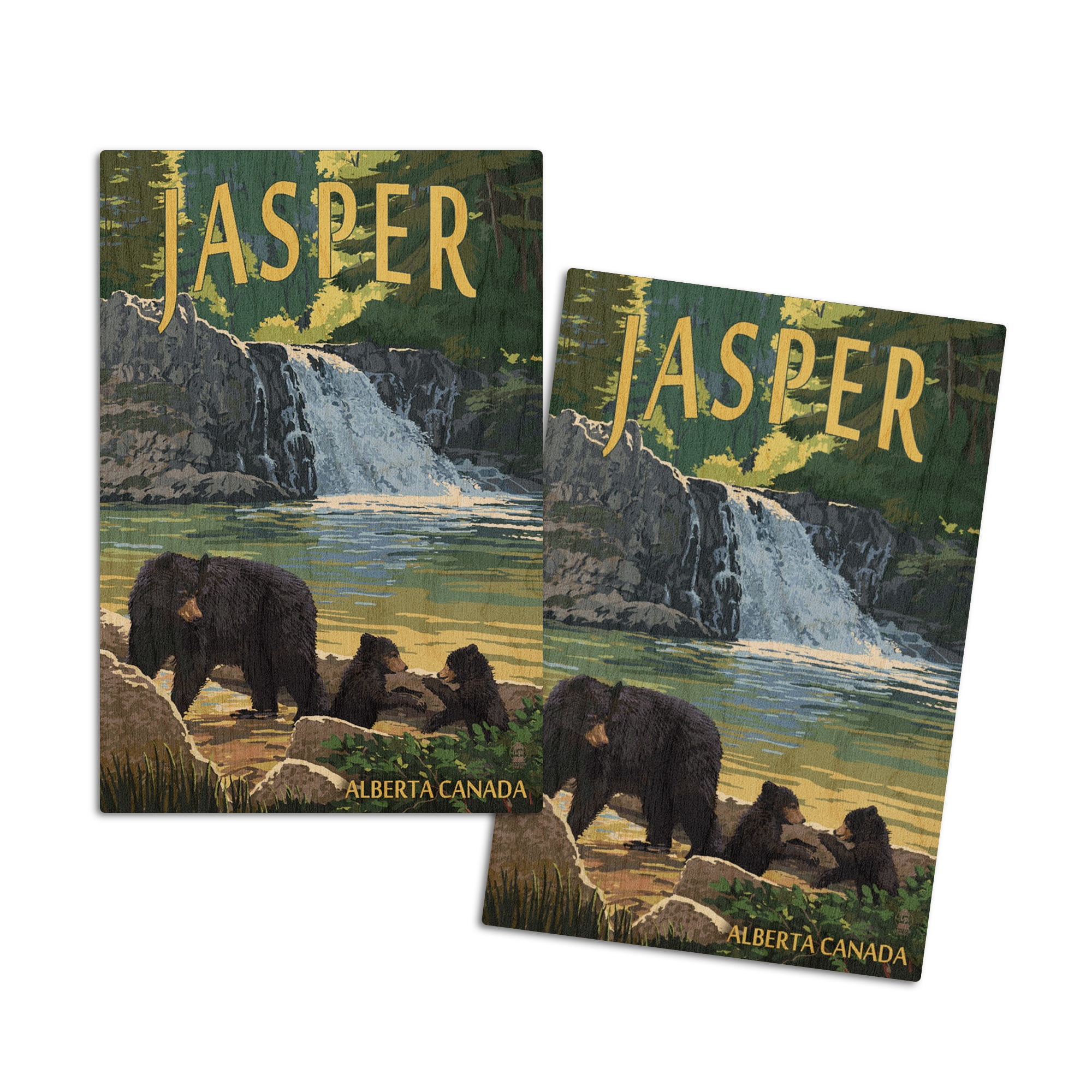 Alberta, Canada, Jasper, Bear Family and Waterfall (4x6 Birch Wood ...