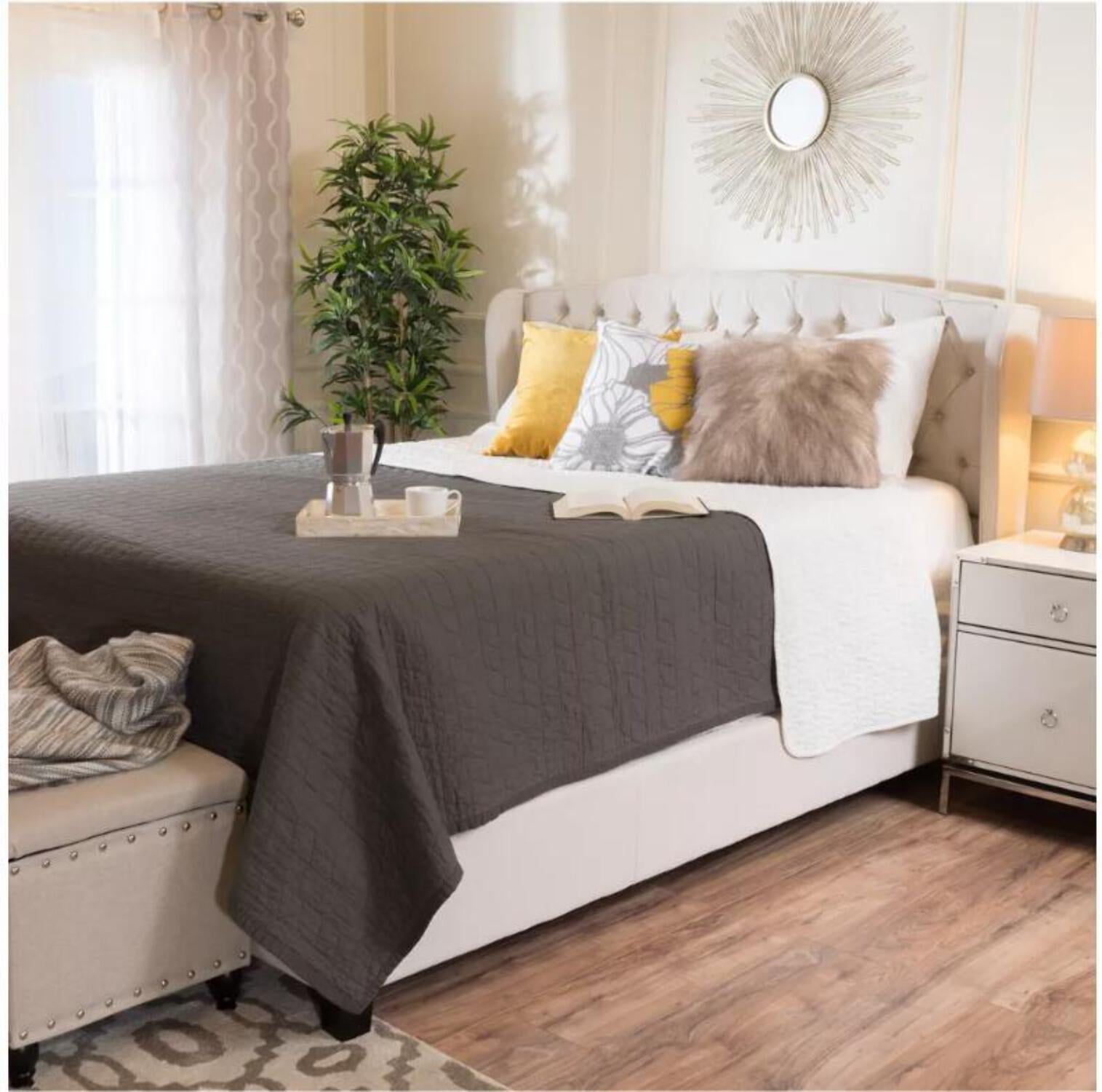 Alberta Fully Upholstered Queen Whole Bed Queen Ivory Fabric - Walmart.com
