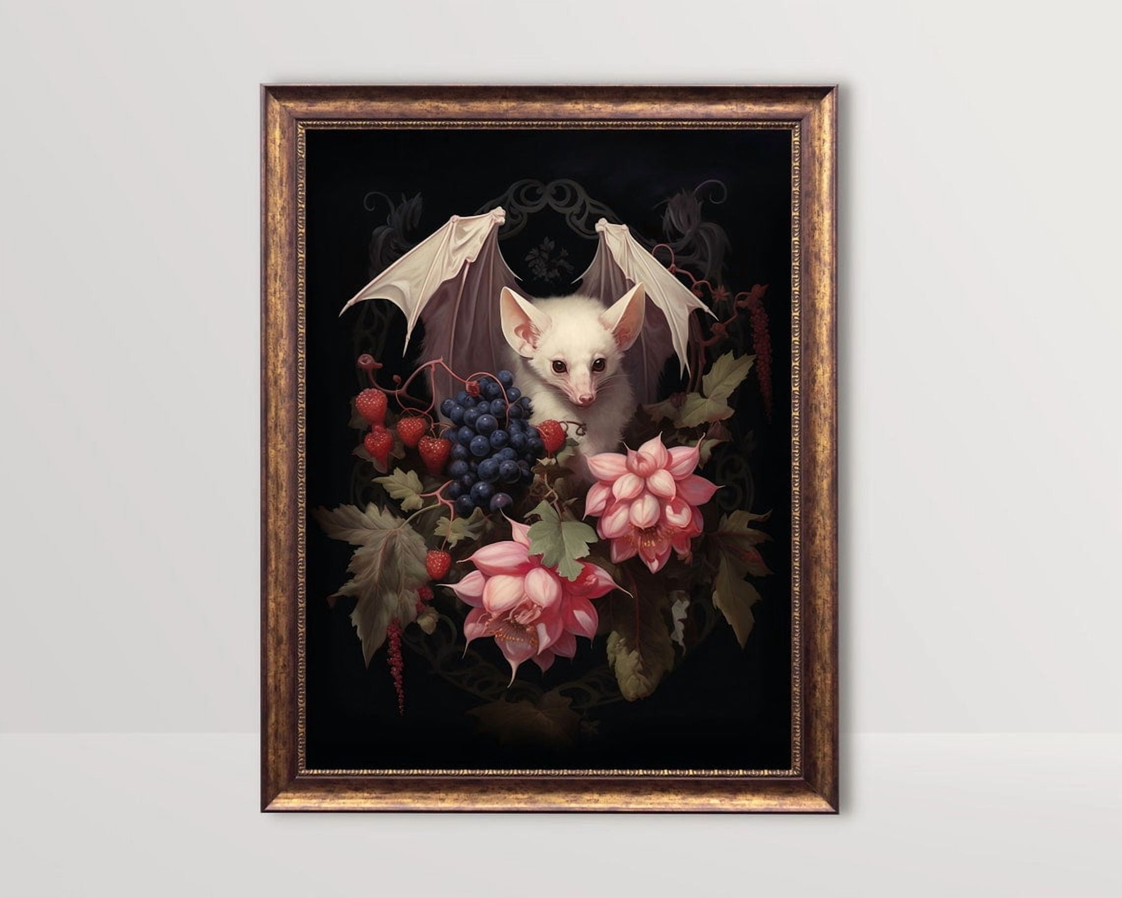 Albino Fruit Bat, Dark Cottagecore Goth Print, Floral Vintage ...