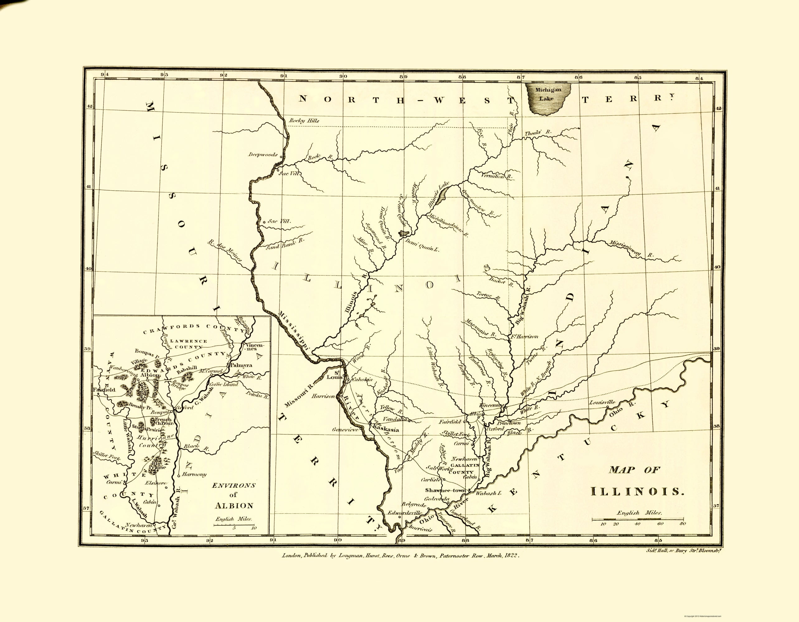 Historic City Map - Albion Environs Illinois - Longman 1822 - 23 x 29. ...