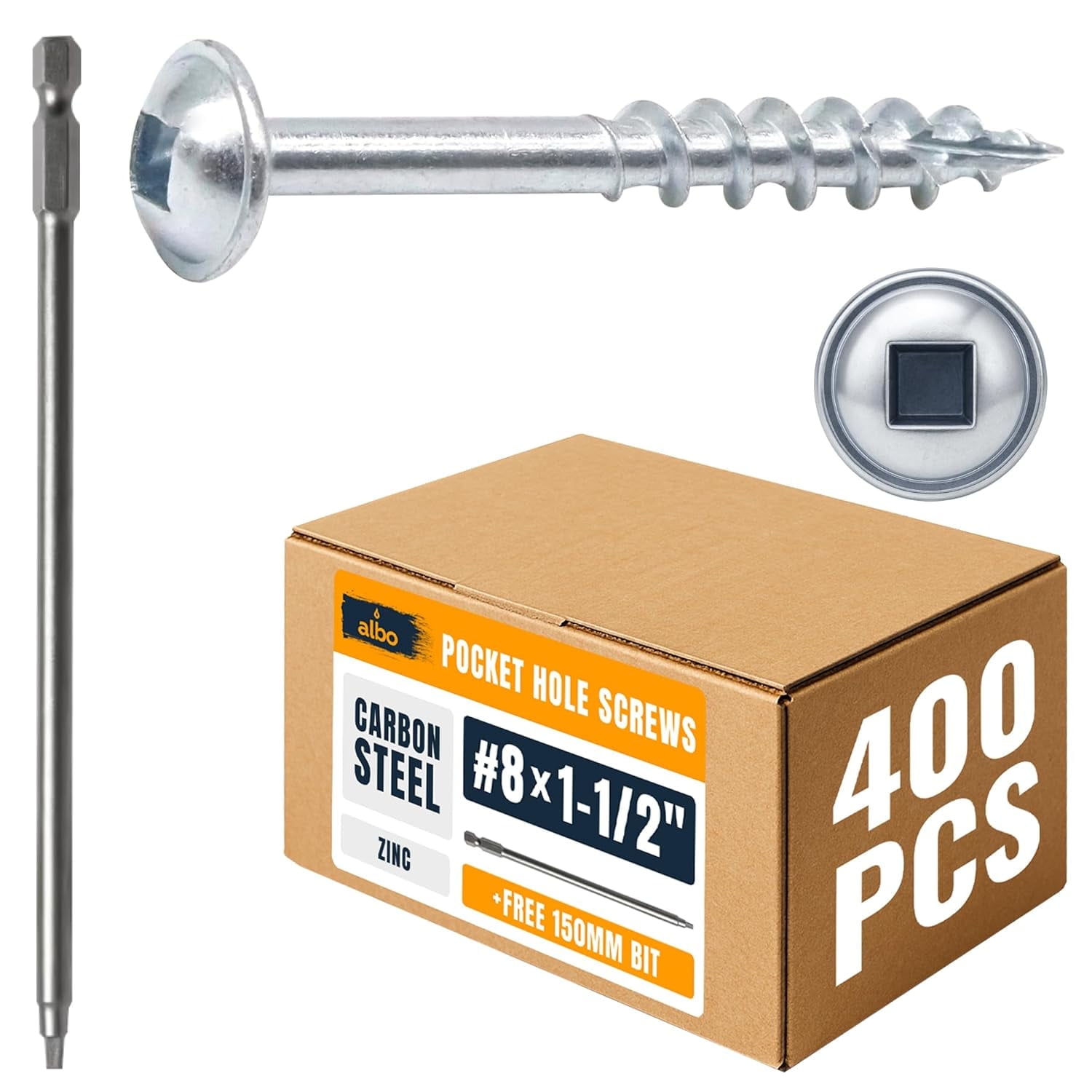 Albo Pocket Hole Screws #8 × 1-1/2" Set 400 PCS Zinc Carbon Steel Self ...