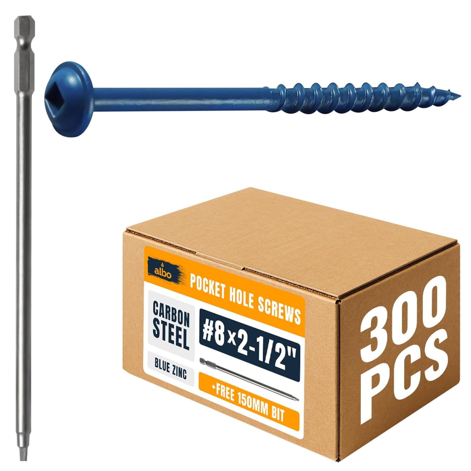 Albo Pocket Hole Screws #8 × 2-1/2" Set 300 PCS Blue Zinc Carbon Steel ...