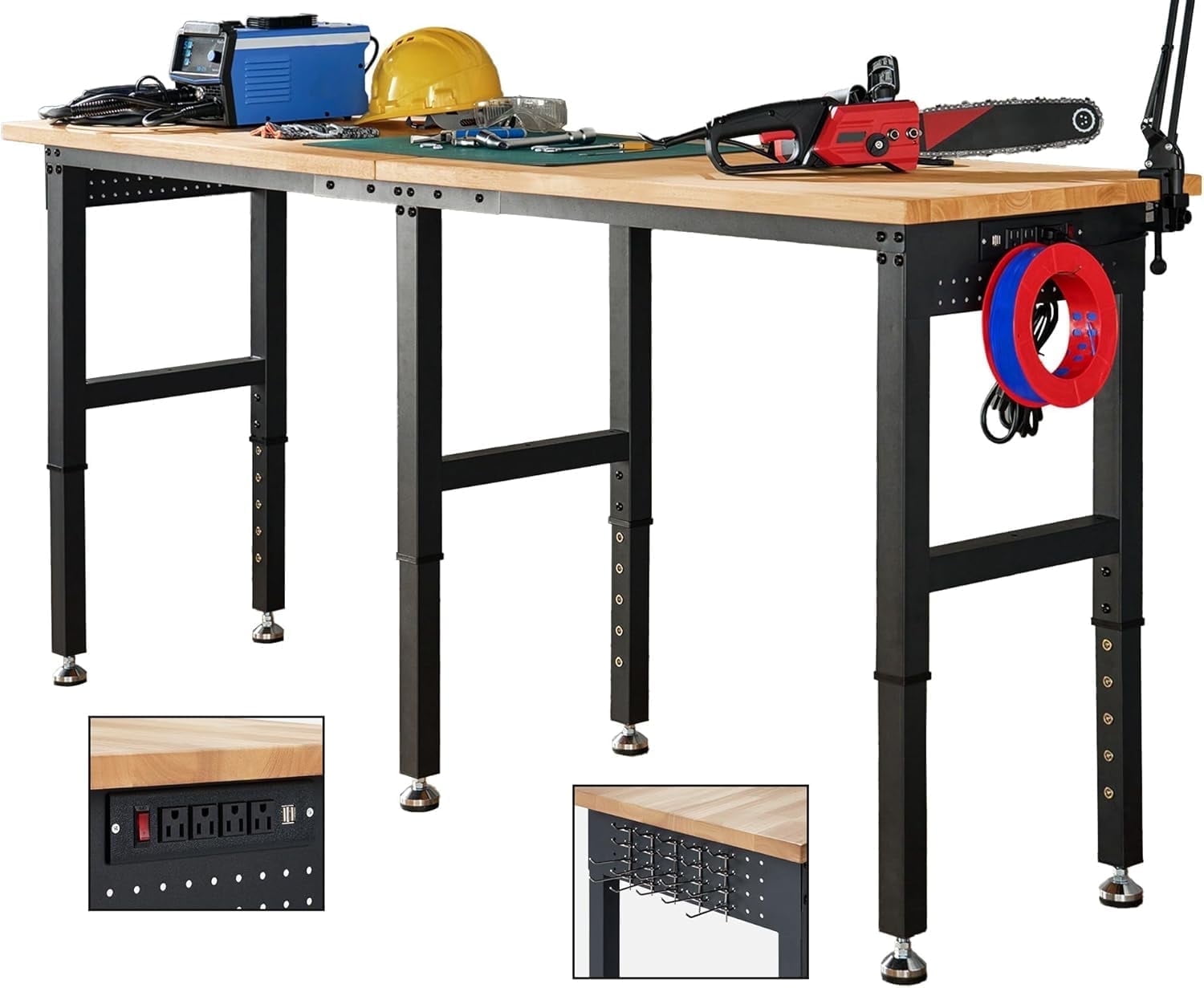 Jocisland 84x24 in Adjustable Workbench with Power Outlets, Rubber Wood ...