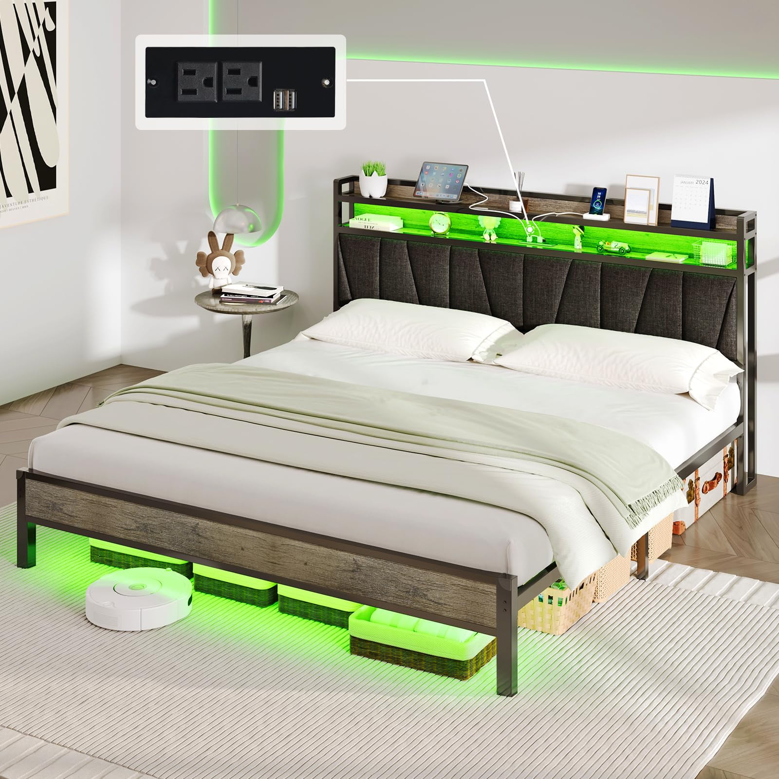 Albott Queen Size LED Bed Frame with Linen Upholstered Headboard ...