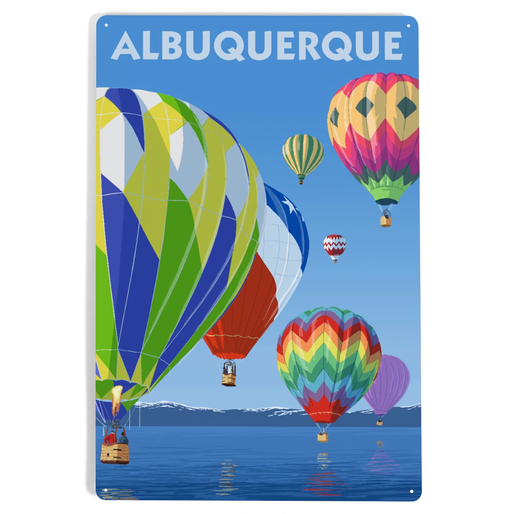 Albuquerque, New Mexico, Hot Air Balloon and Lake Scene (12x18 Aluminum ...