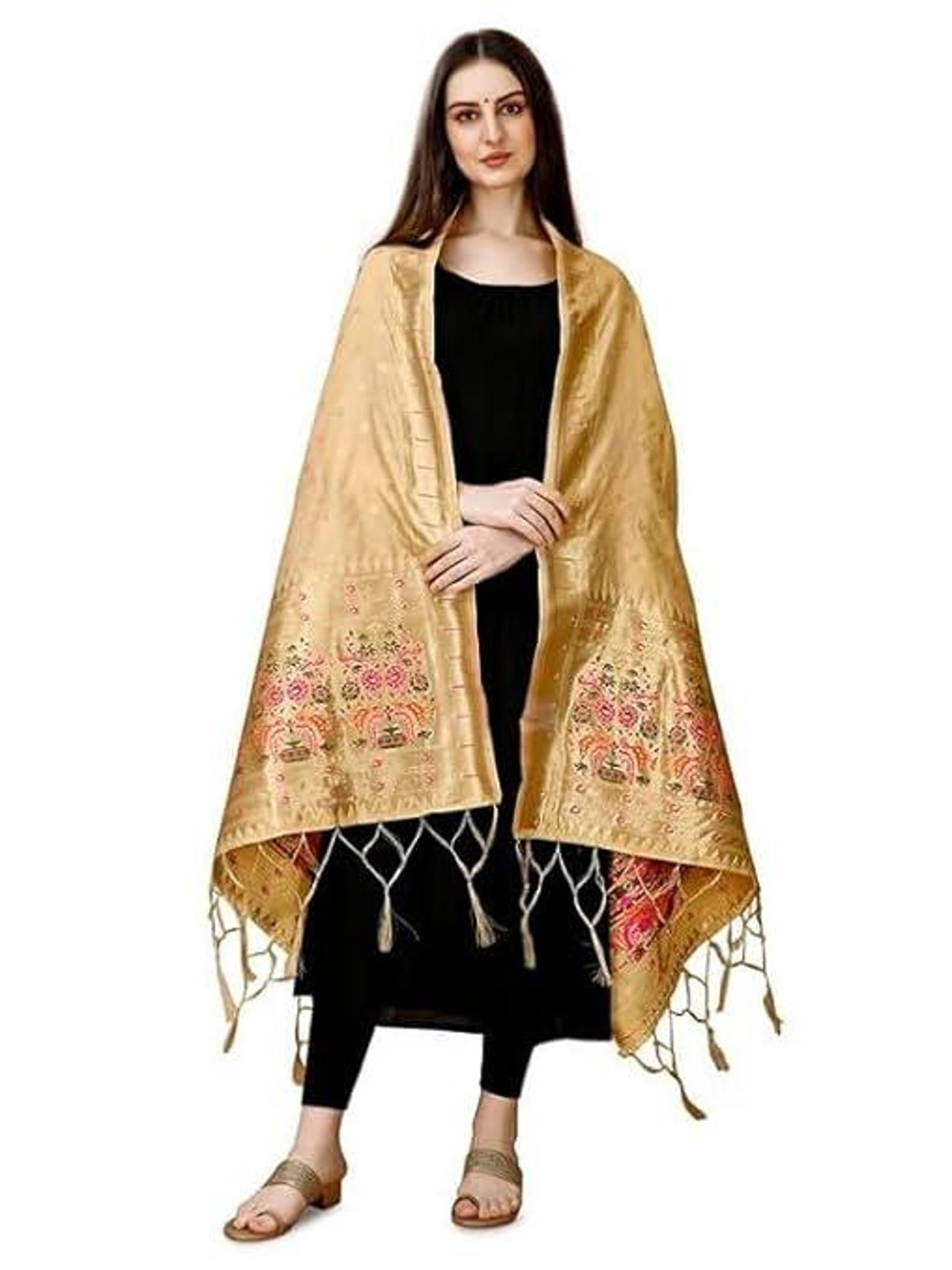 AlchemicLiving Chikku Gold Women's Woven Paithani Banarasi Silk Dupatta ...