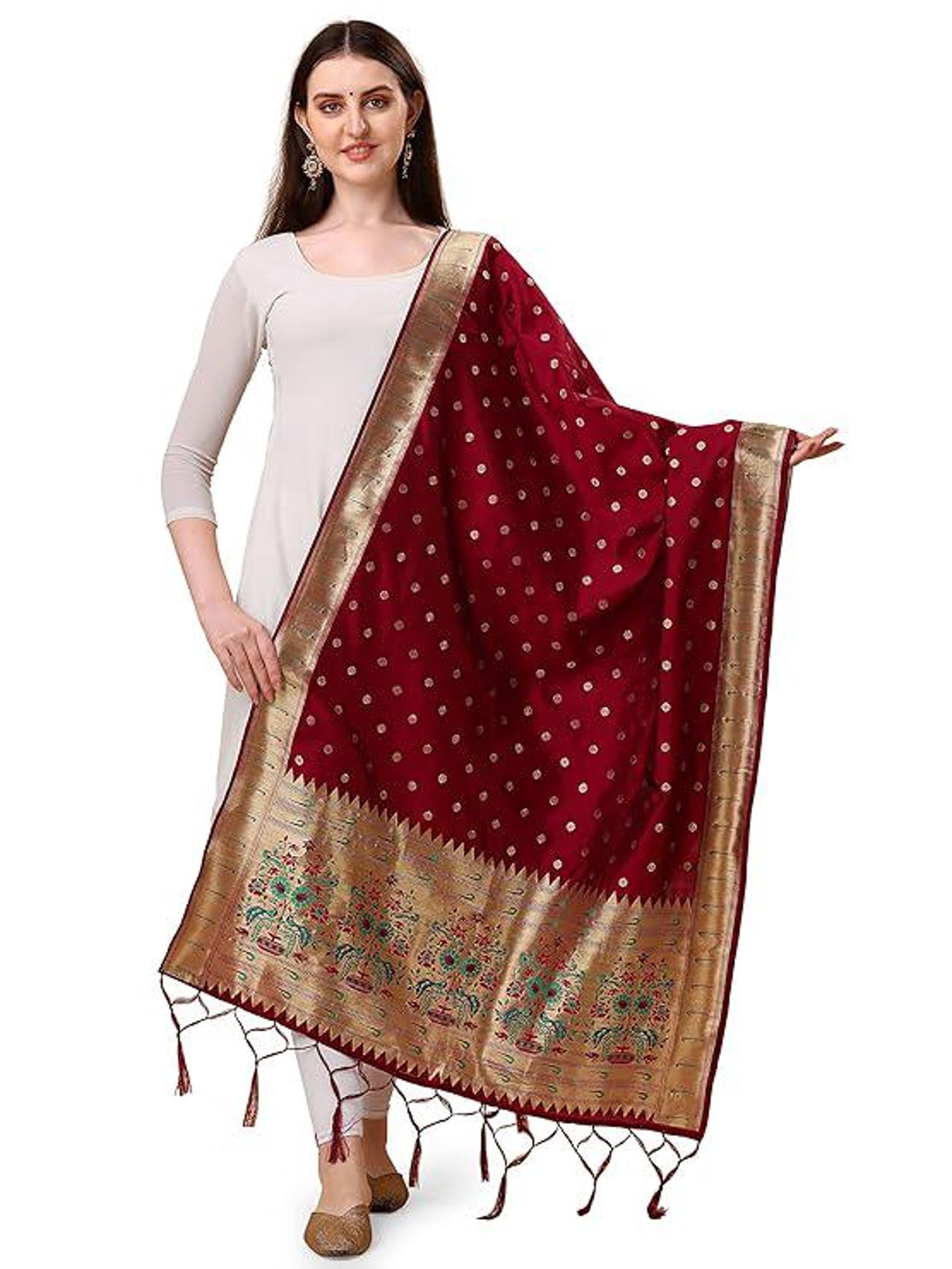 AlchemicLiving Maroon Women's Woven Paithani Banarasi Silk Dupatta ...