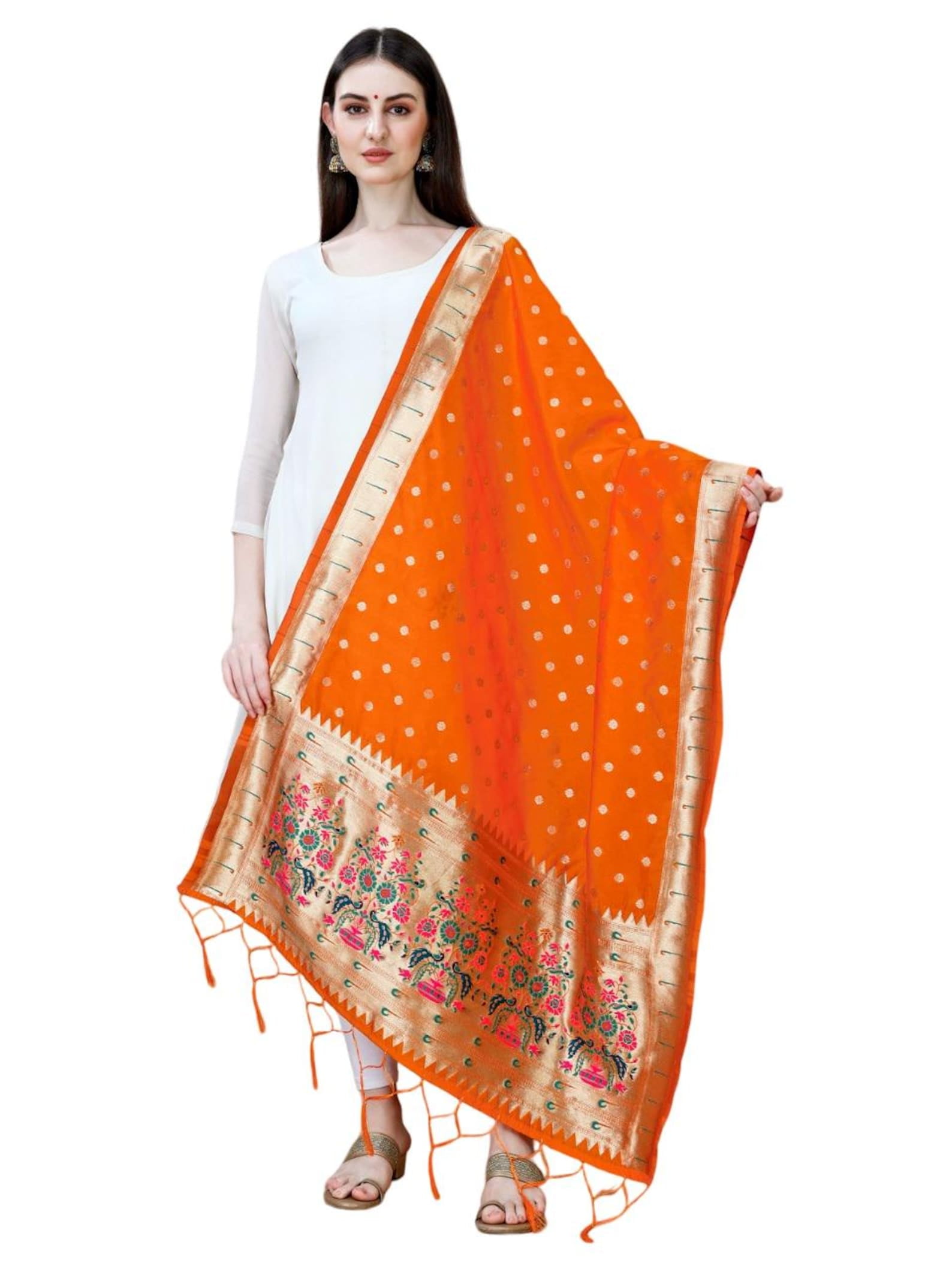 AlchemicLiving Orange Women's Woven Paithani Banarasi Silk Dupatta ...