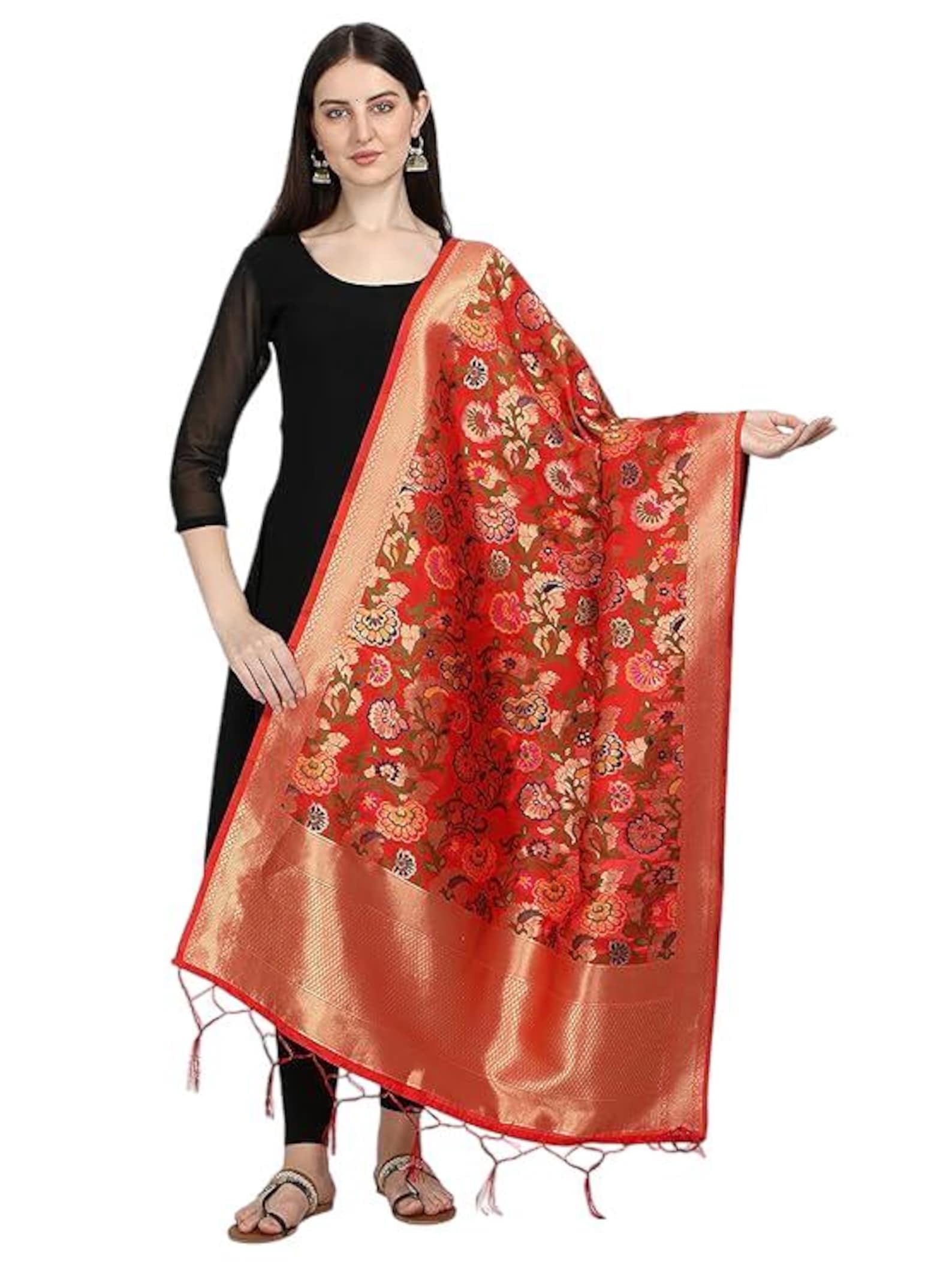 AlchemicLiving Women Ruby Red Printed Embroidered Woven Banarasi Silk ...