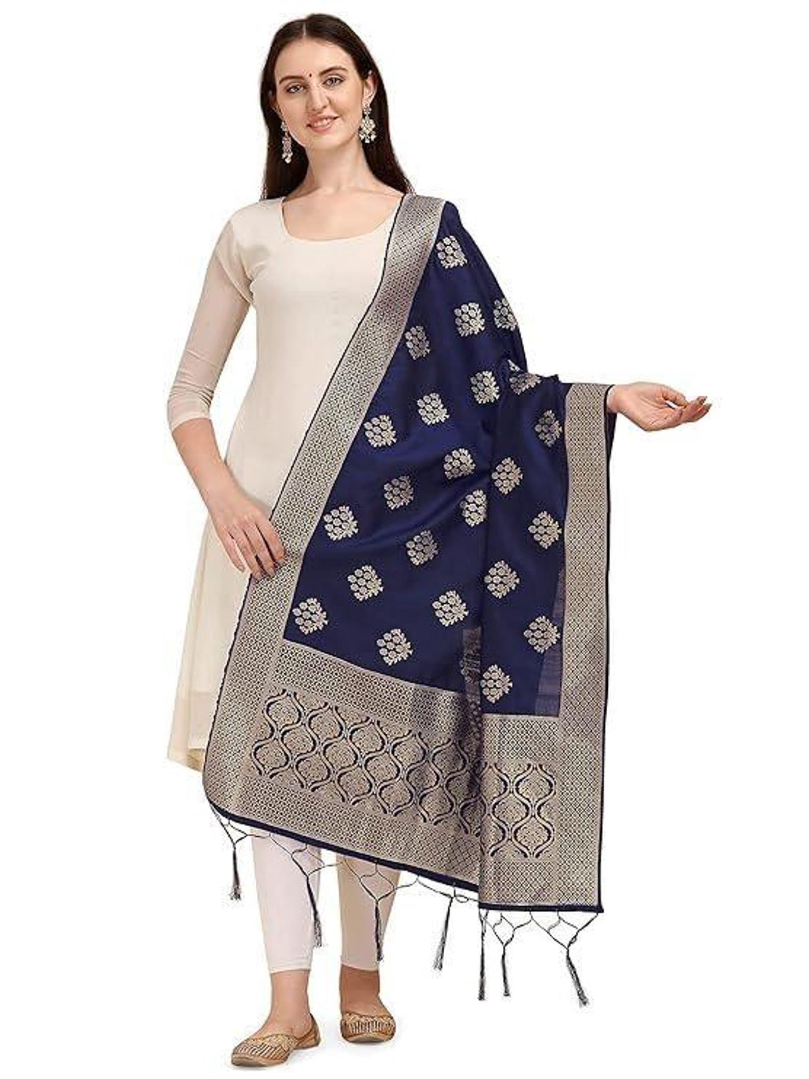 AlchemicLiving Women's Navy Blue Floral Woven Banarasi Silk Zari ...