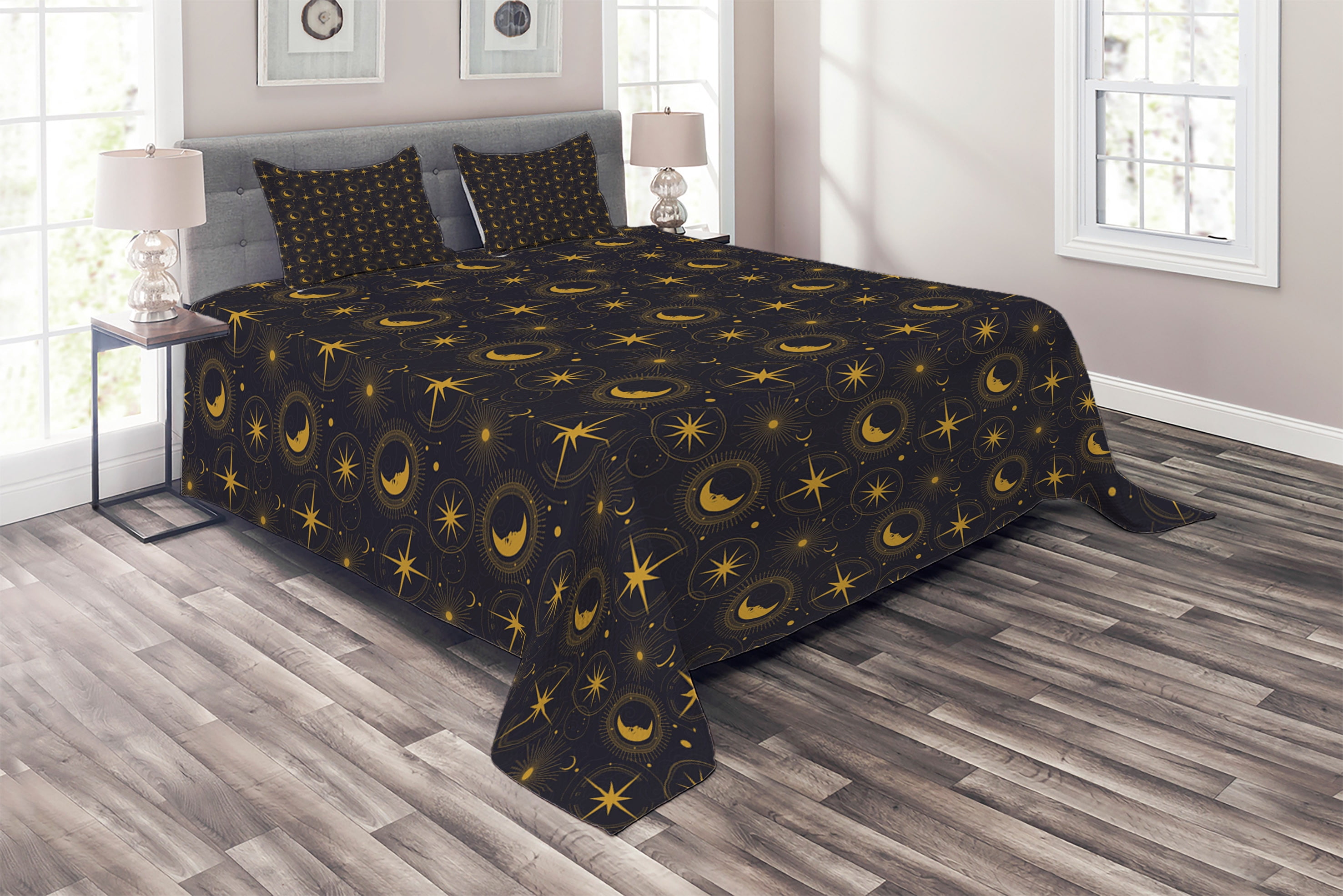 Alchemy Coverlet, Night Image Windrose Stars Sun and Crescent Moon with ...