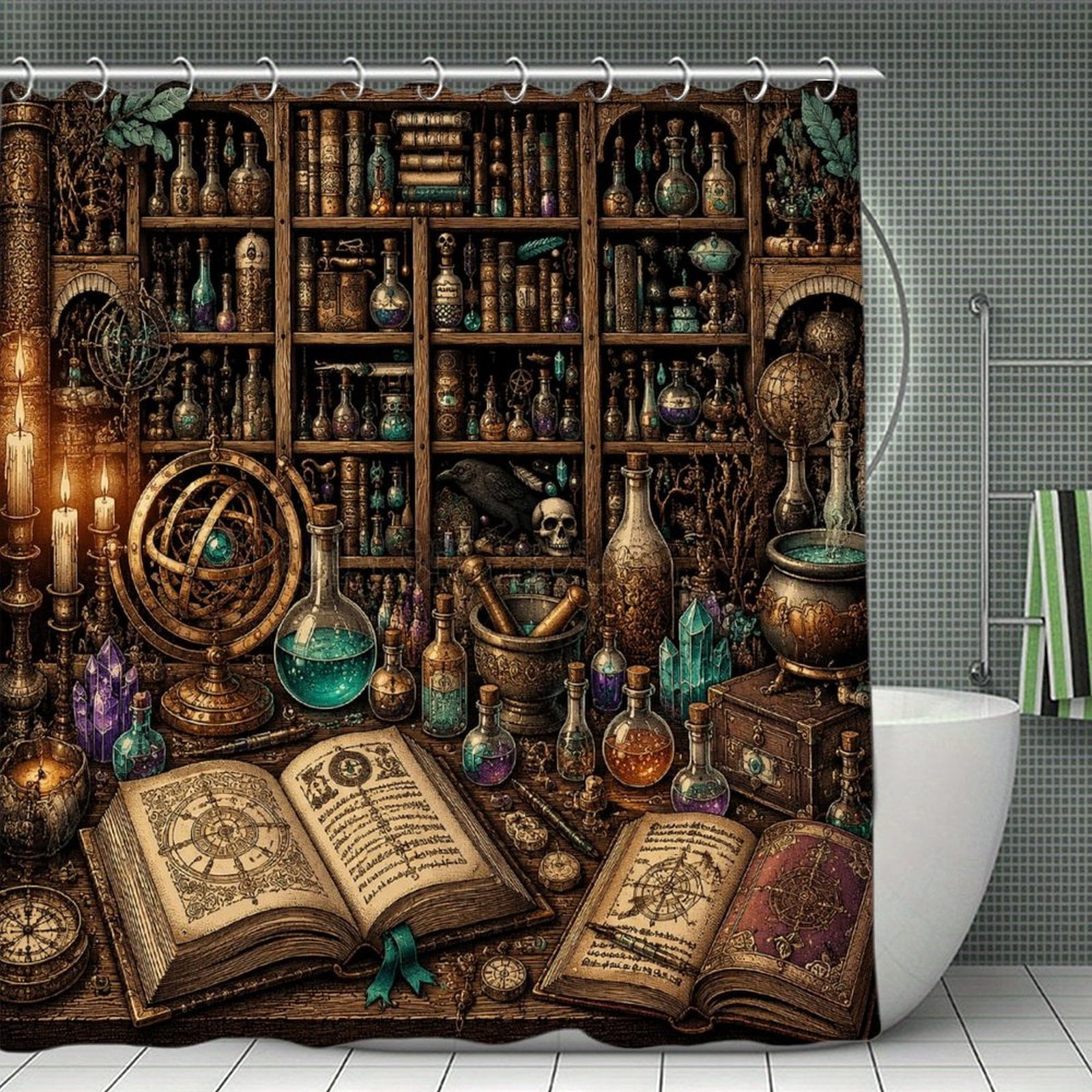 Alchemy Library Vintage Illustration Print Shower Curtain,Cloth Fabric ...