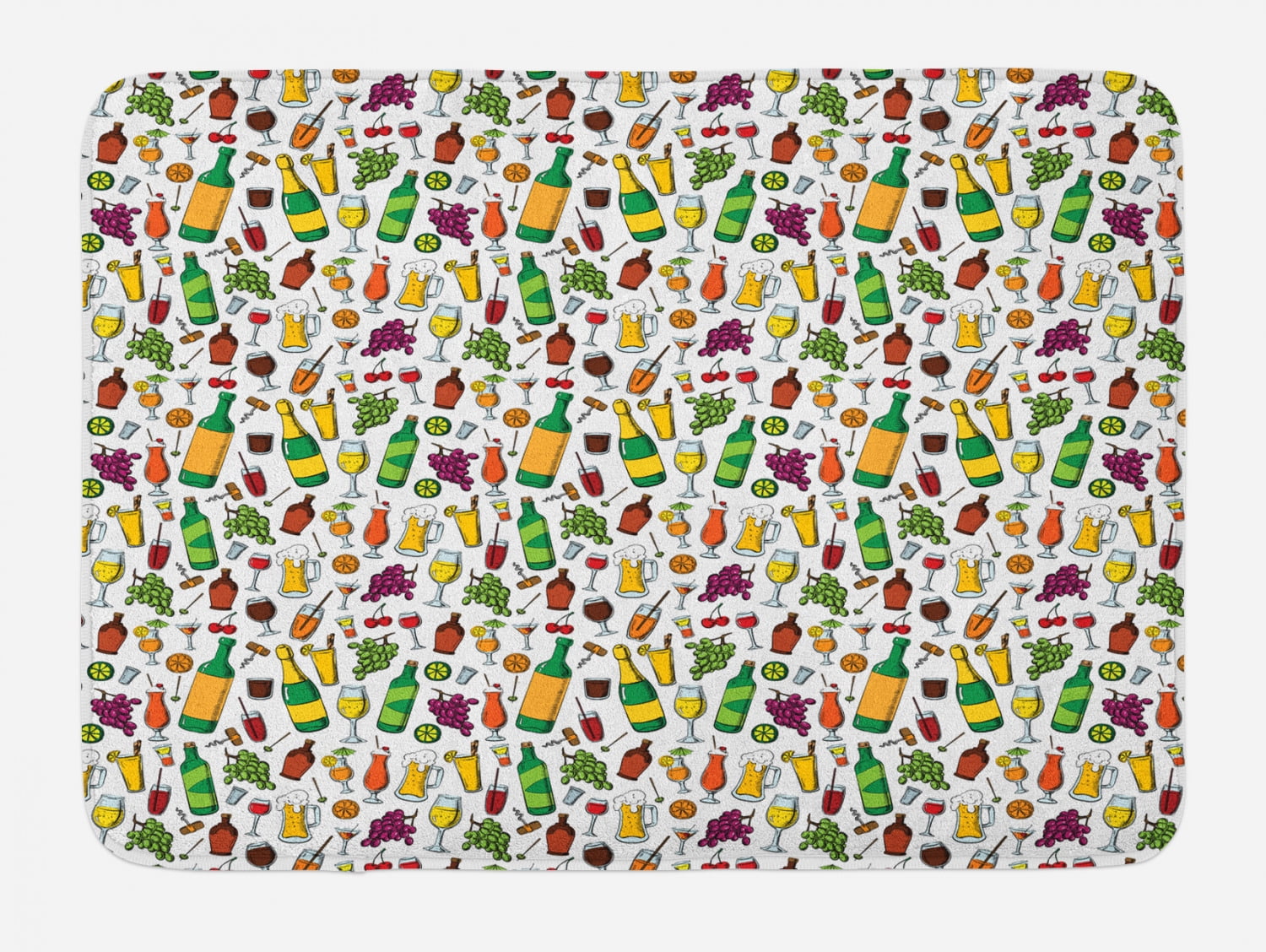 Alcohol Bath Mat, Doodle Party Beverages Theme with Cocktails Wine Beer ...