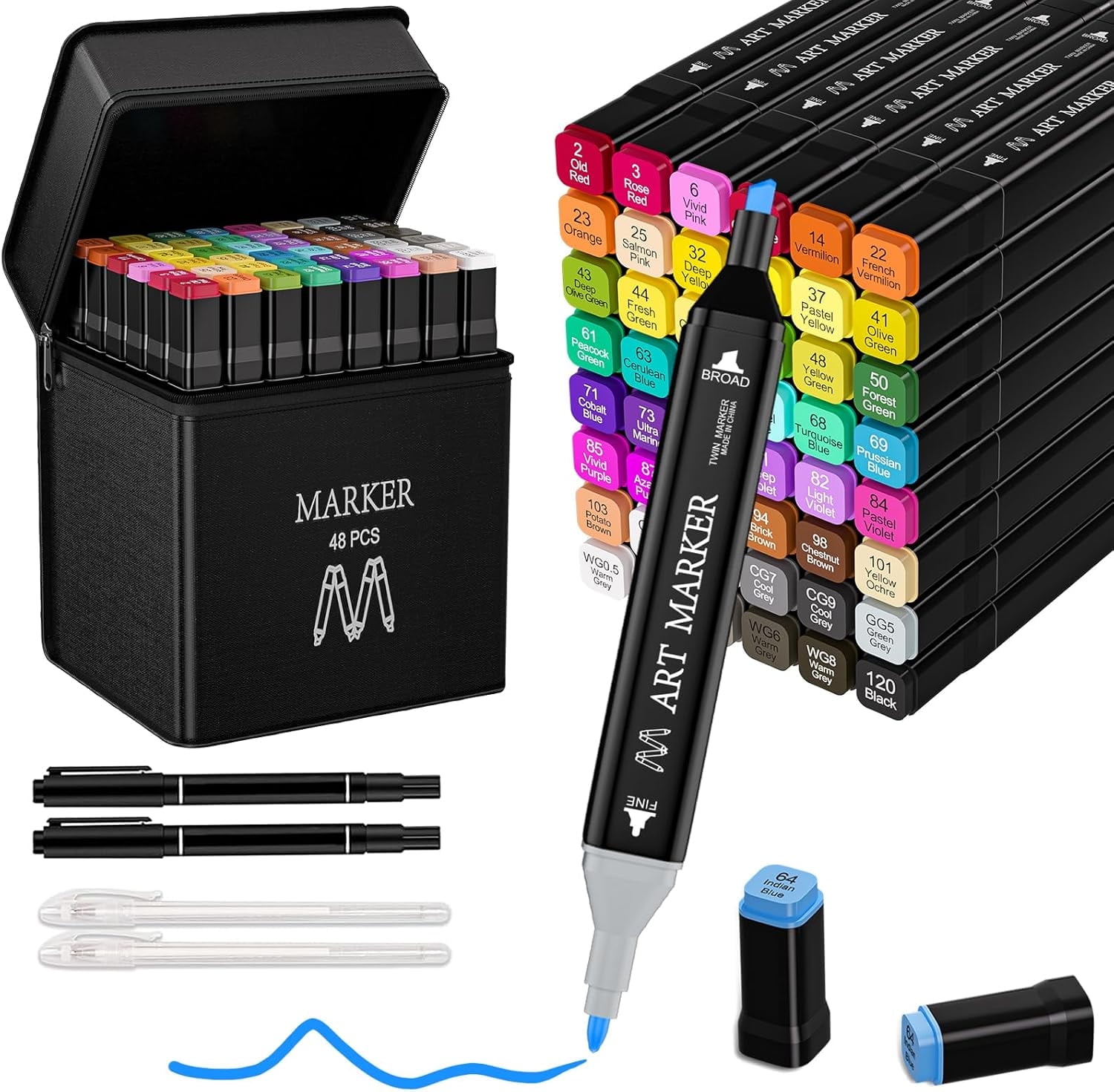 Alcohol Markers 48 Colors Dual Tip with Carry Case - Blending Art Pens ...