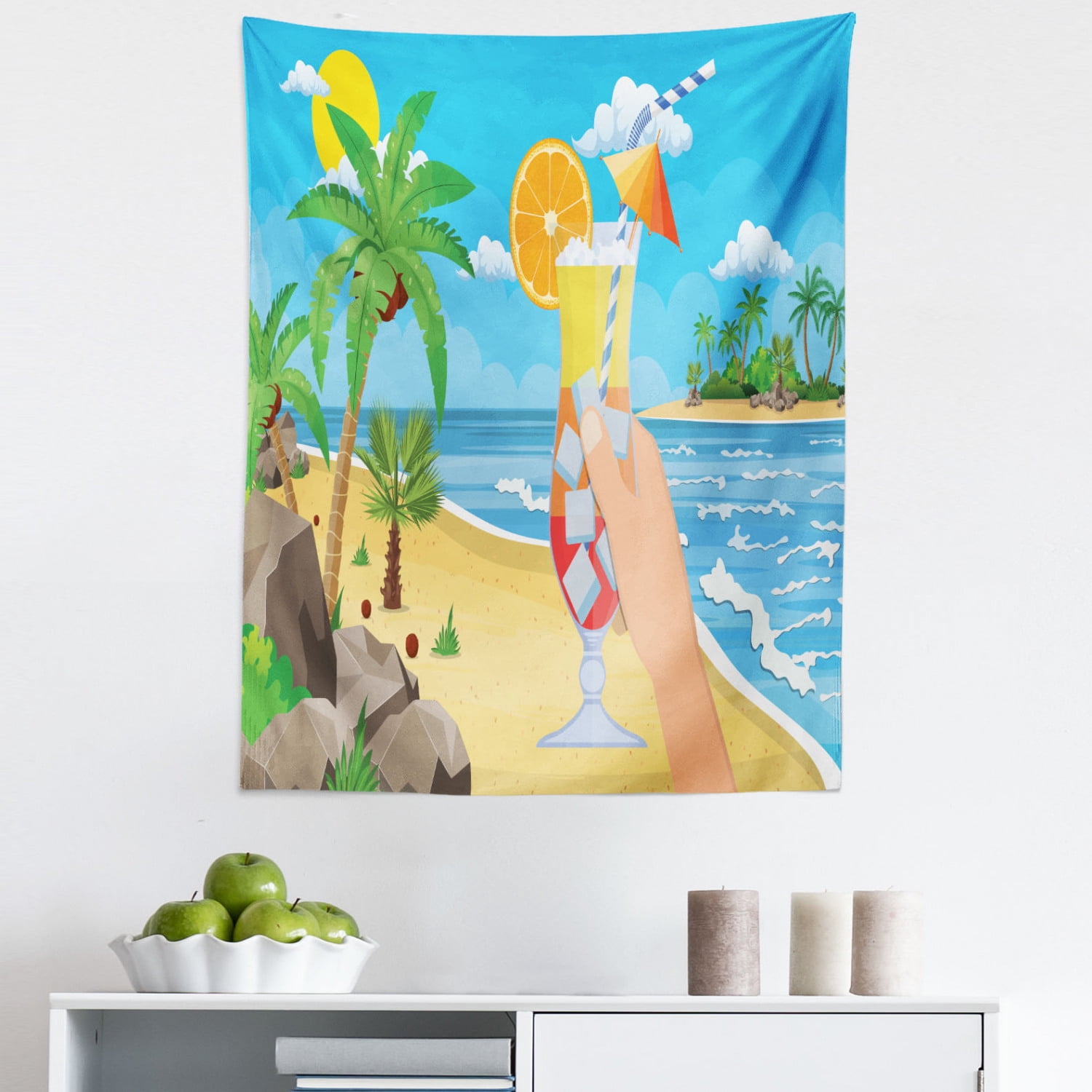 Alcohol Tapestry, Glass of Cocktail in Hand with Tropical Landscape of ...