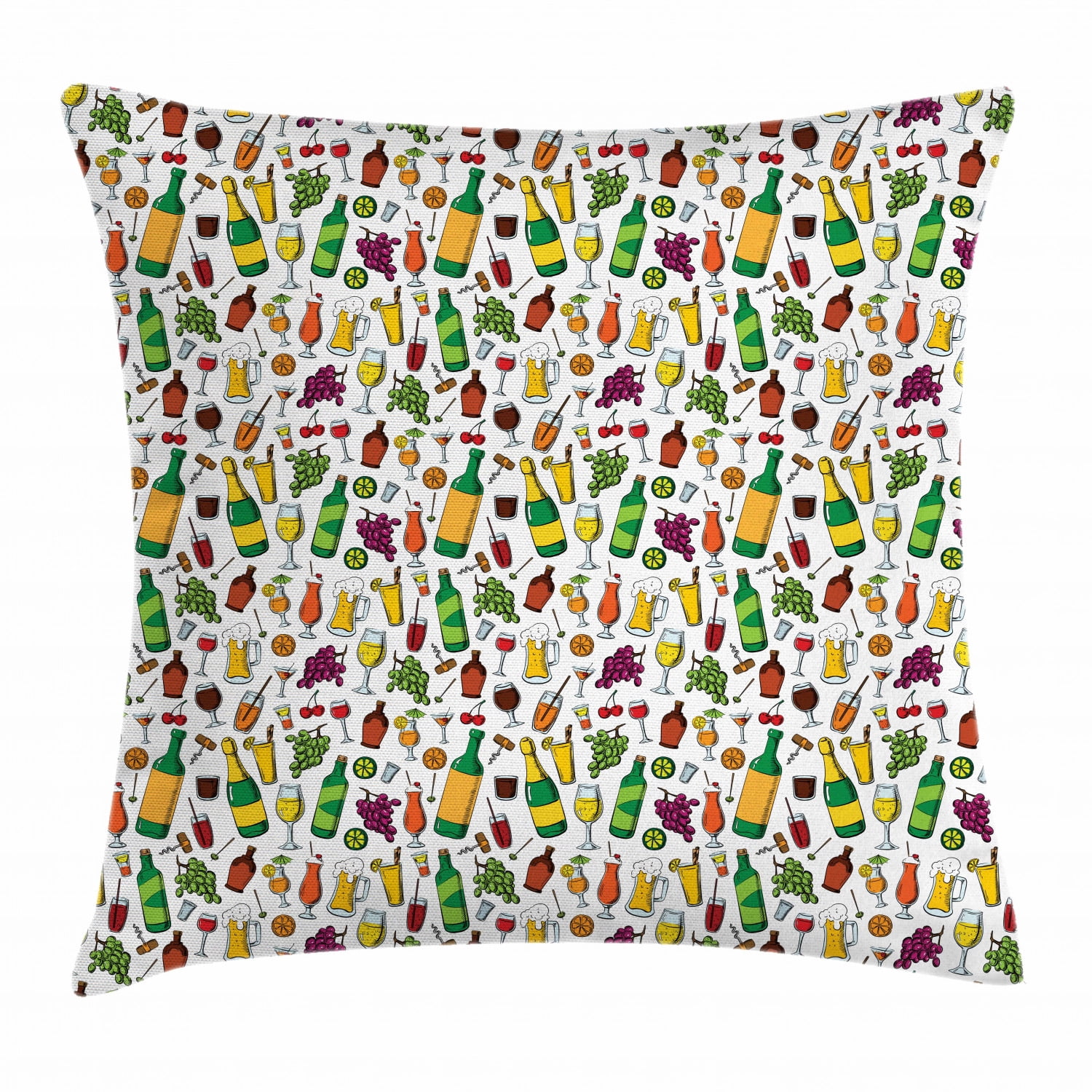 Alcohol Throw Pillow Cushion Cover, Doodle Party Beverages Theme with ...