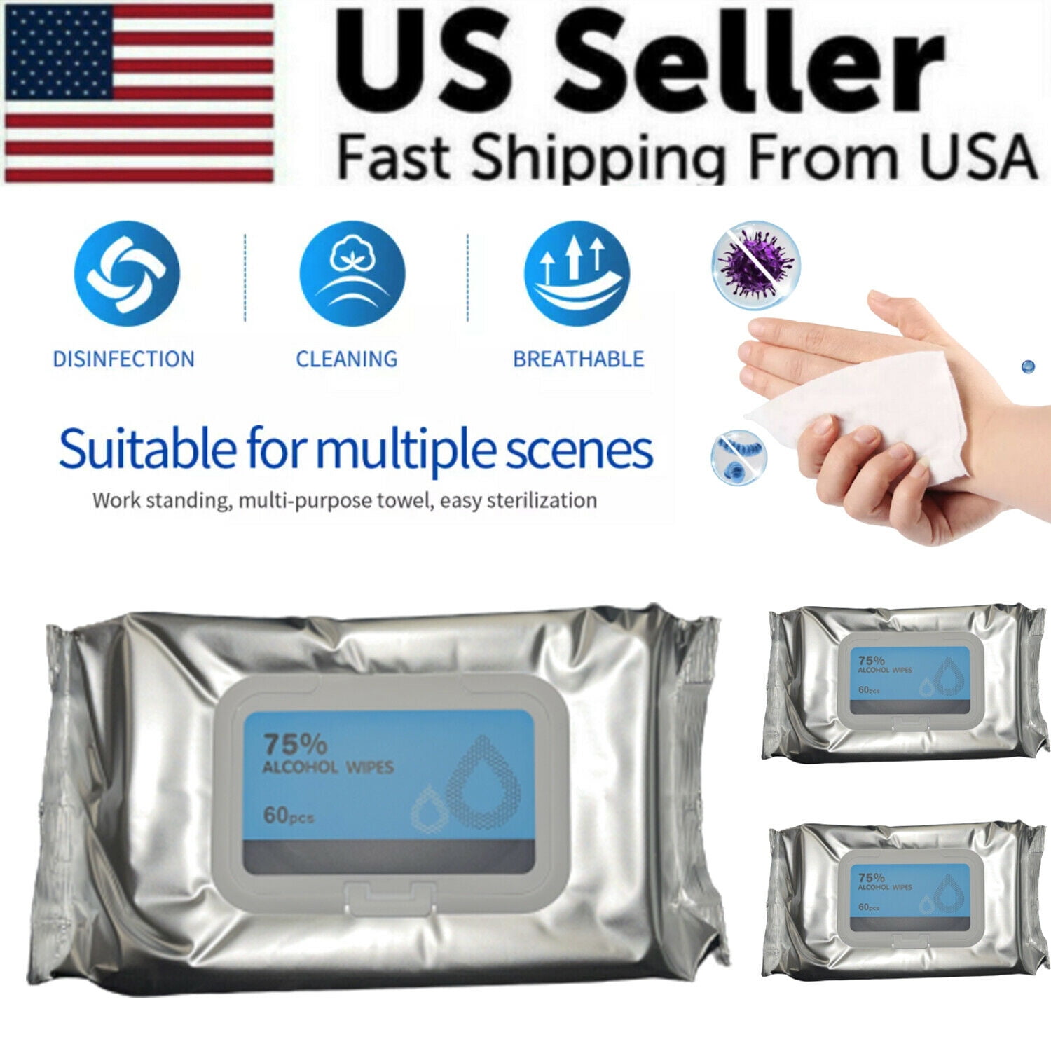 Alcohol Wipes 75% For Skin & Surface Cleaning Care 50ct With Lid Pack ...