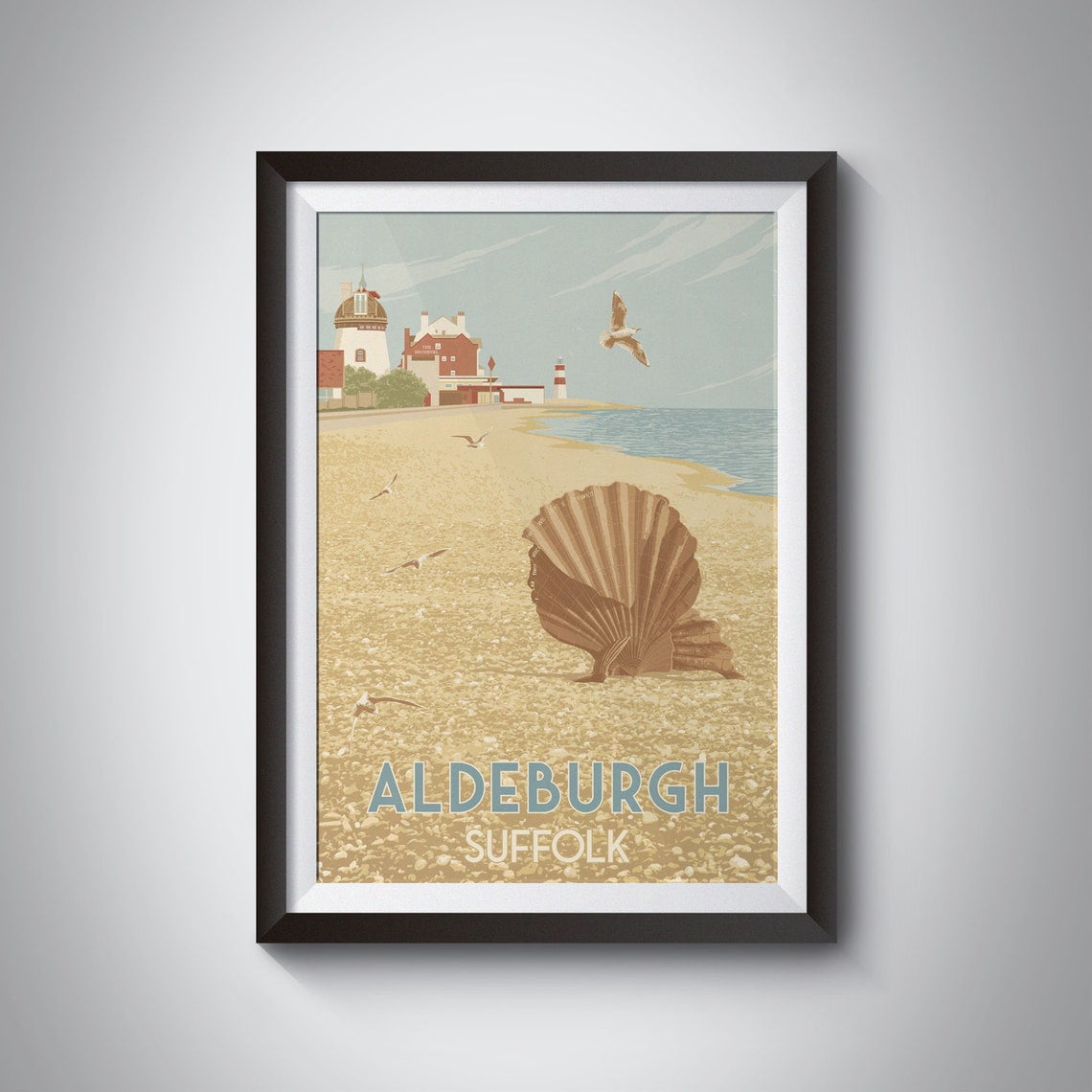 Aldeburgh Suffolk Travel Poster, Seaside Print, Clam Shell, Lighthouse ...