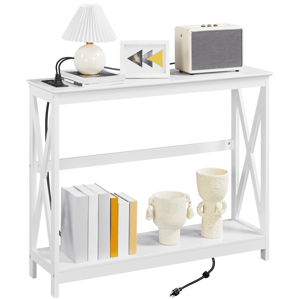 Alden Design 2-Tier Wood Console Table with Power Outlet for Hallway Living Room, White ...