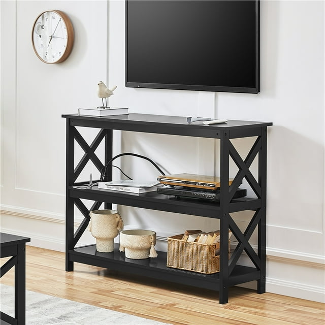 Alden Design 3-Tier Wooden Console Table with Power Outlet and Wood ...