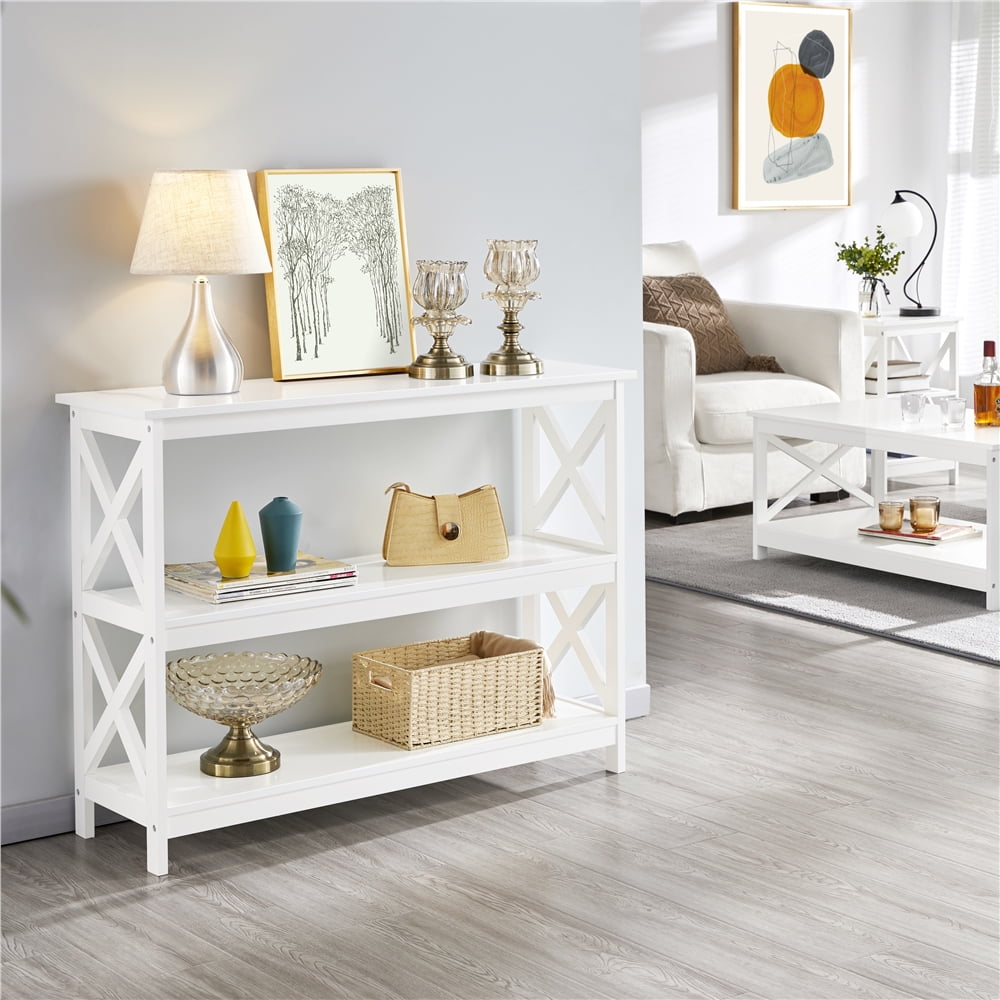 Alden Design 3 Tier Wooden X-Design Console Table with Storage Shelves ...