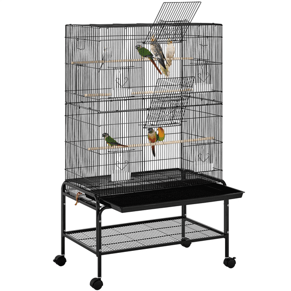 Alden Design 53″ H Rolling Metal Parrot Birdcage with 3 Perches & 4 ...