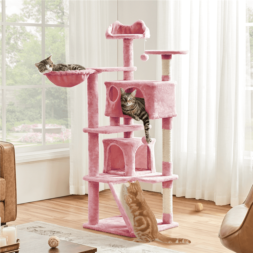 Alden Design 54" Double Condo Cat Tree with Scratching Post Tower, Pink ...