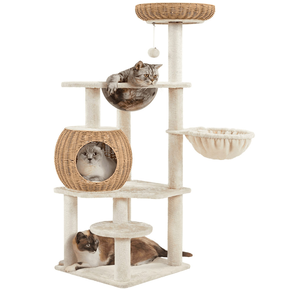 Alden Design 54″ Tall Rattan Cat Tree with Soft Cushion Clear Bowl for ...