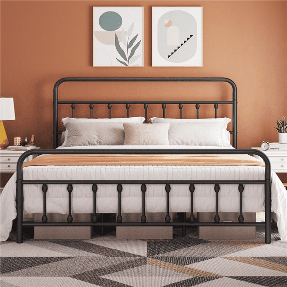 Alden Design King Size Metal Platform Bed Frame with High Headboard and ...