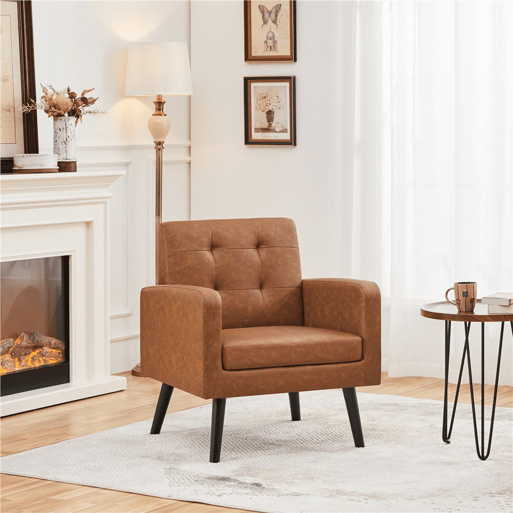 Alden Design Modern Wide Arm Accent Chair, Tufted Faux Leather for ...