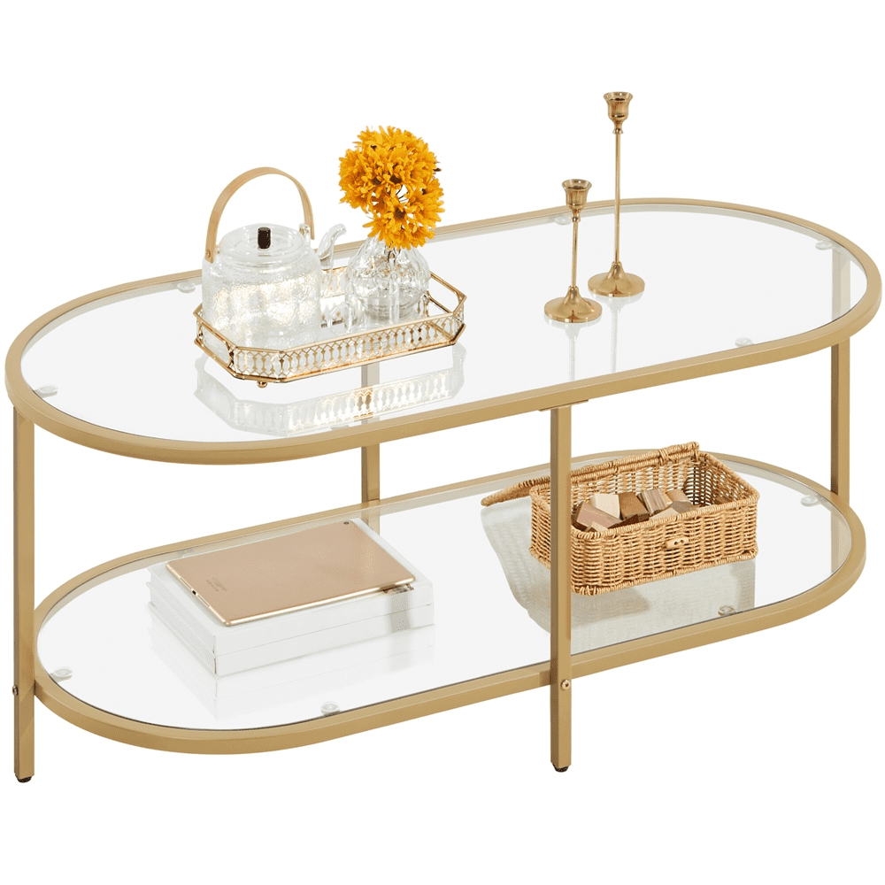 Alden Design Two-layer Modern Oval Glass Coffee Table for Living Room ...