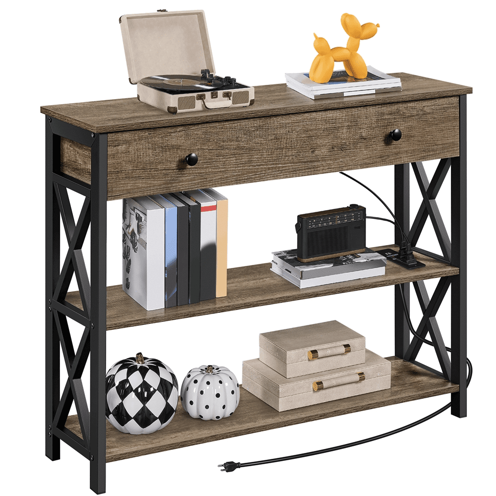 Alden Design Vintage Wooden Console Table with Power Outlet for Entryway, Taupe Wood - Walmart.com
