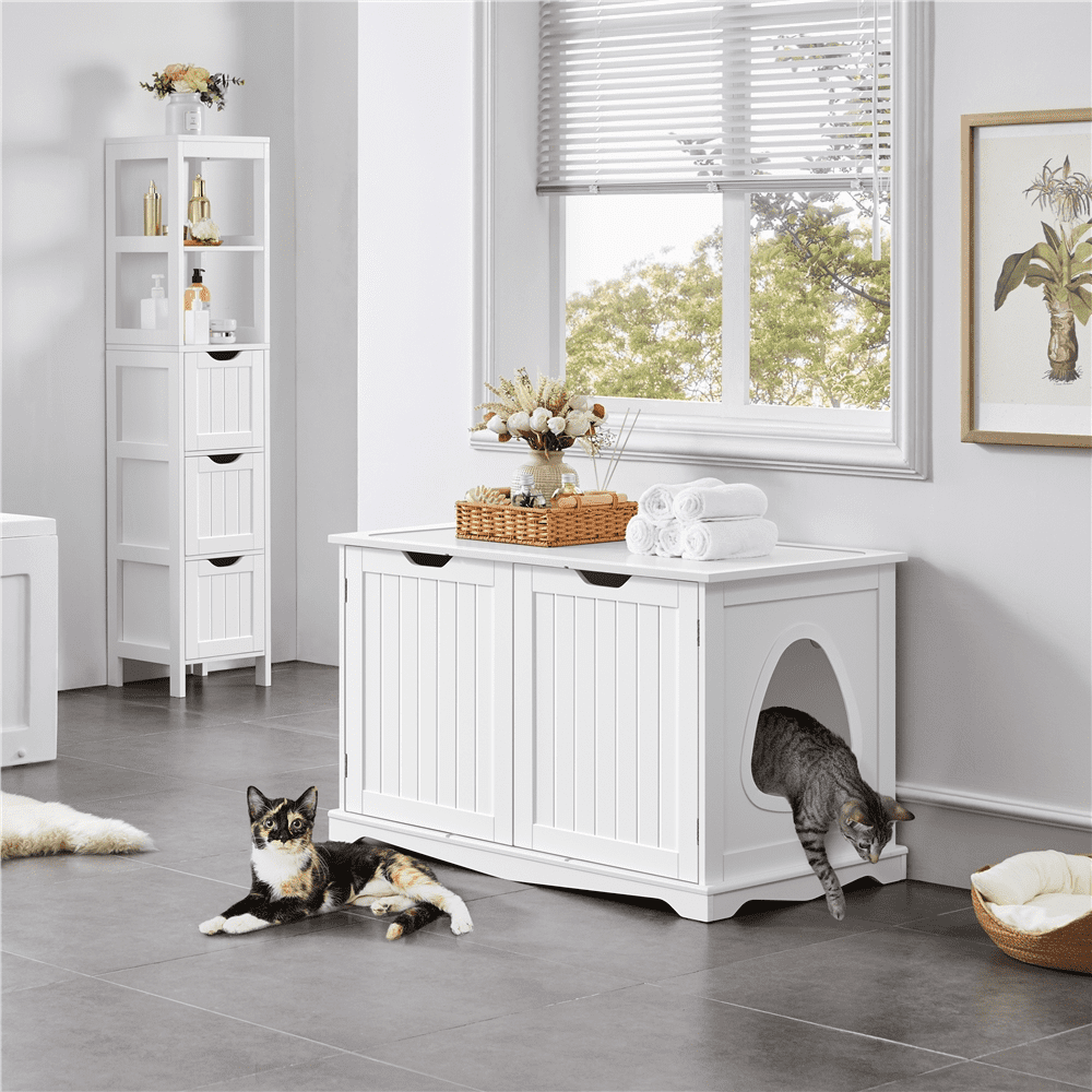 Alden Design Wooden Cat Litter Box Side Table Washroom Storage Bench ...