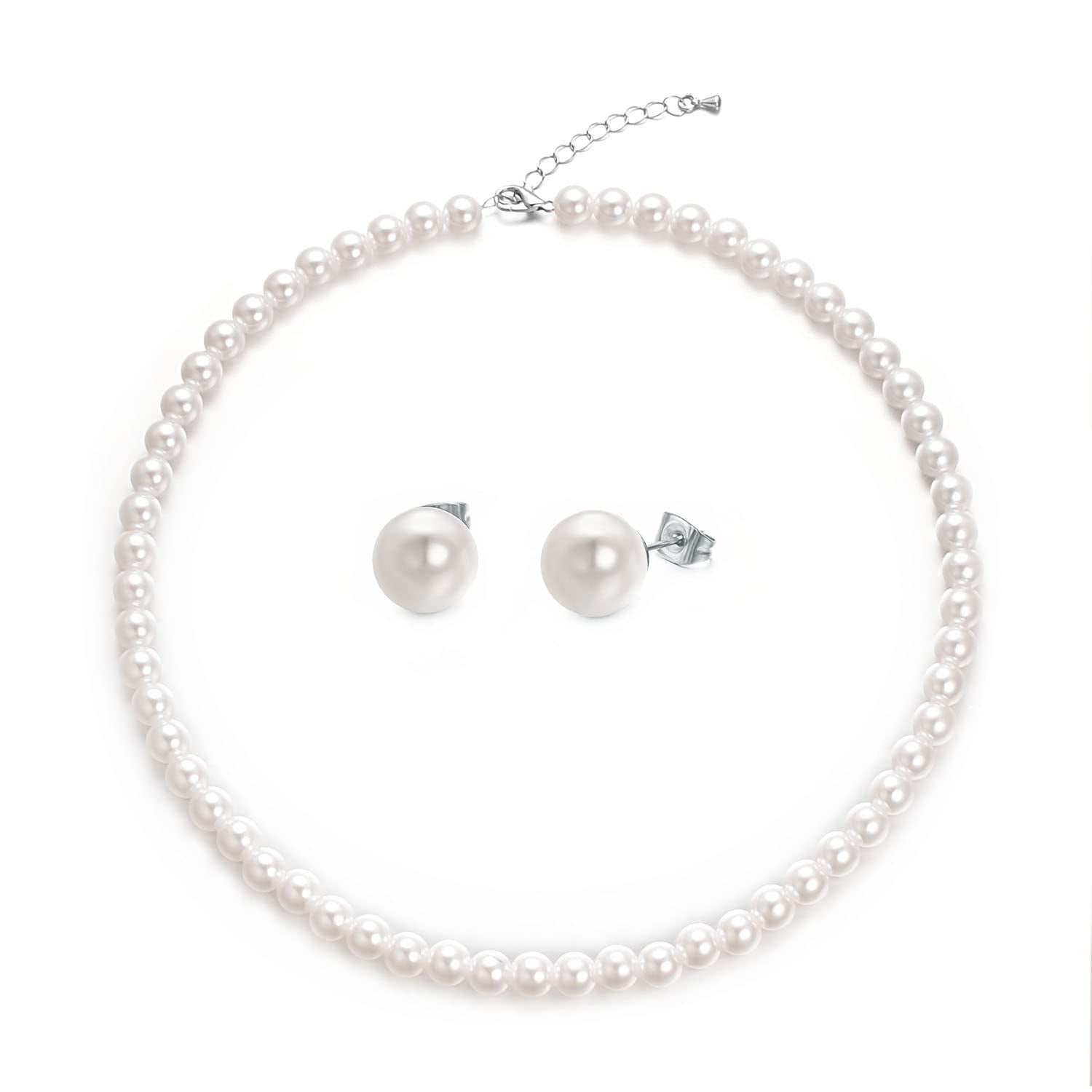 Aleasha 8mm Faux Pearl Necklace Earrings Set for Women White Round ...