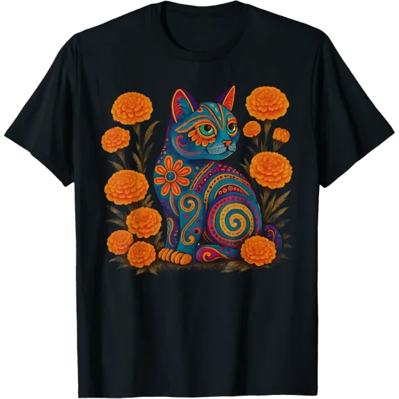 Alebrije Cat Flower Mexican Folk Art Sugar Skull Cute Kitten T-Shirt ...