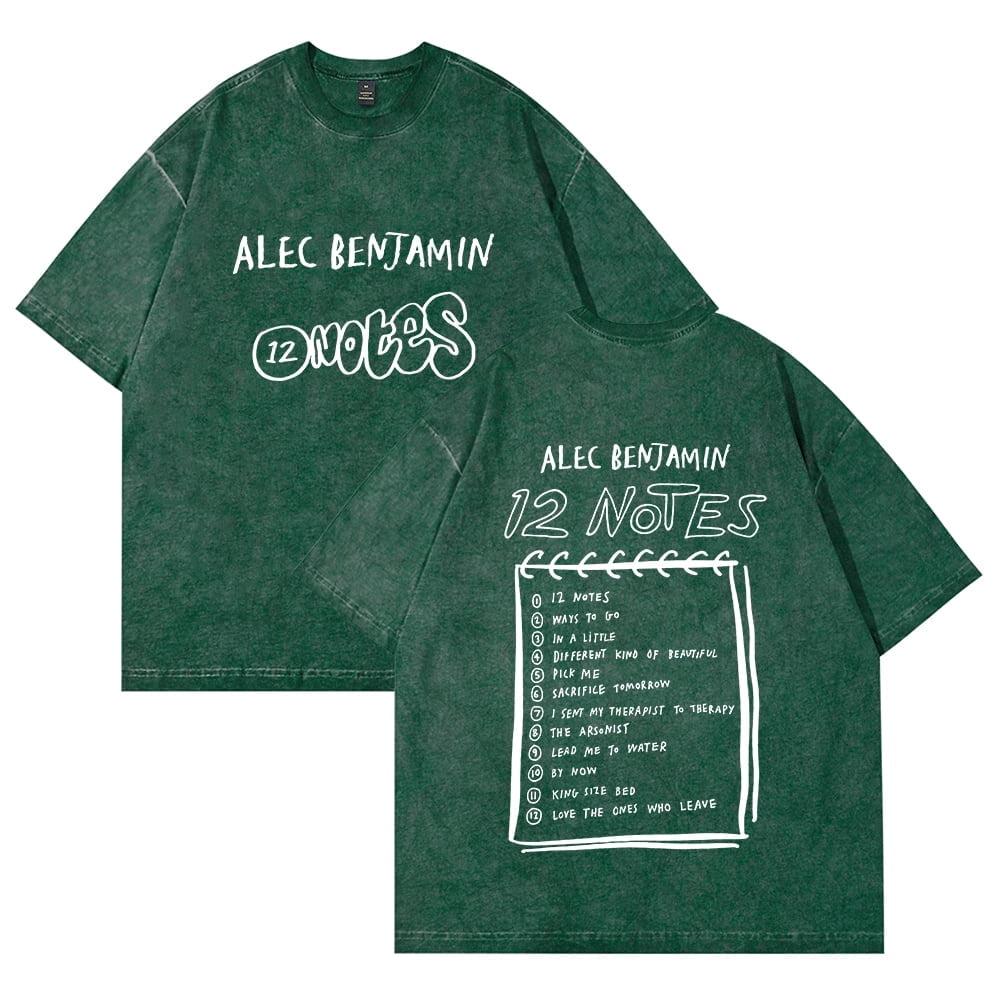 Alec Benjamin 2025 World Tour Vintage Washed Cotton Tee, 12 NOTES Theme ...