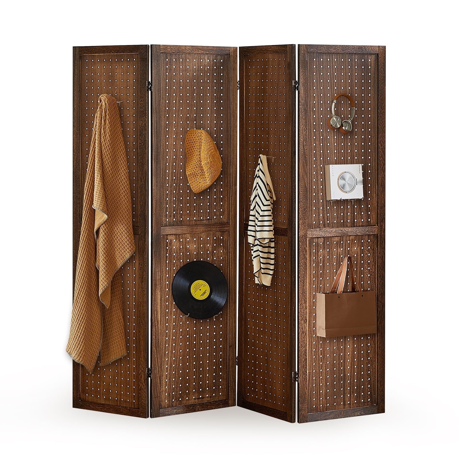 Aletheiawu 4 Panel Pegboard Display with 16 Hooks, Wood Room Divider ...