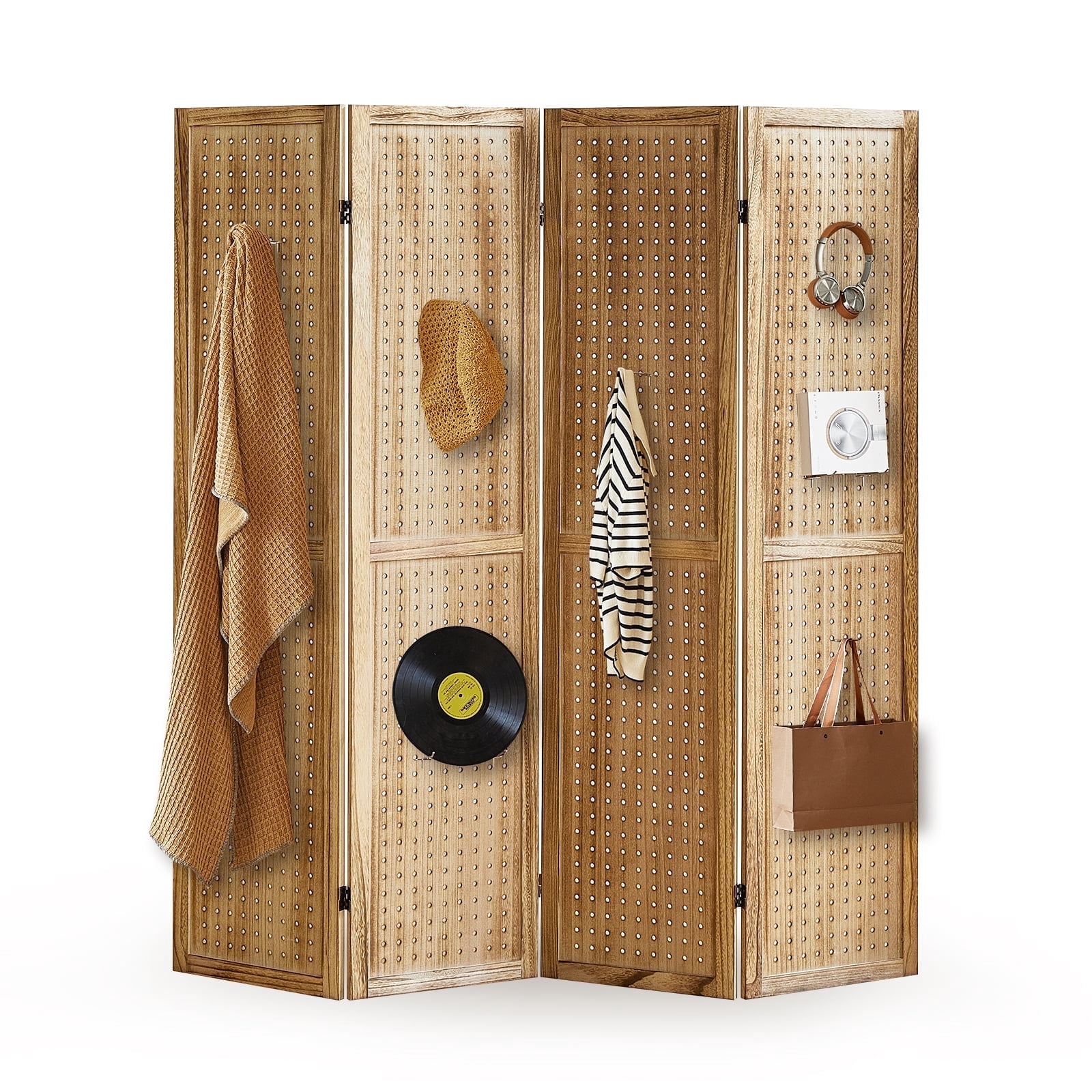 Aletheiawu 4 Panel Pegboard Display with 16 Hooks, Wood Room Divider ...
