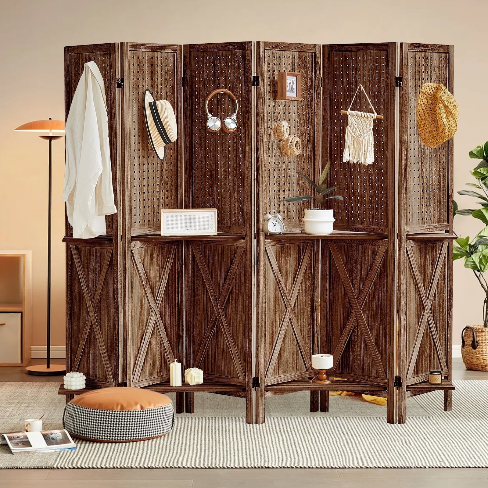 Aletheiawu 6 Panel Wood Display with 24 Hooks, Folding Room Divider, No ...
