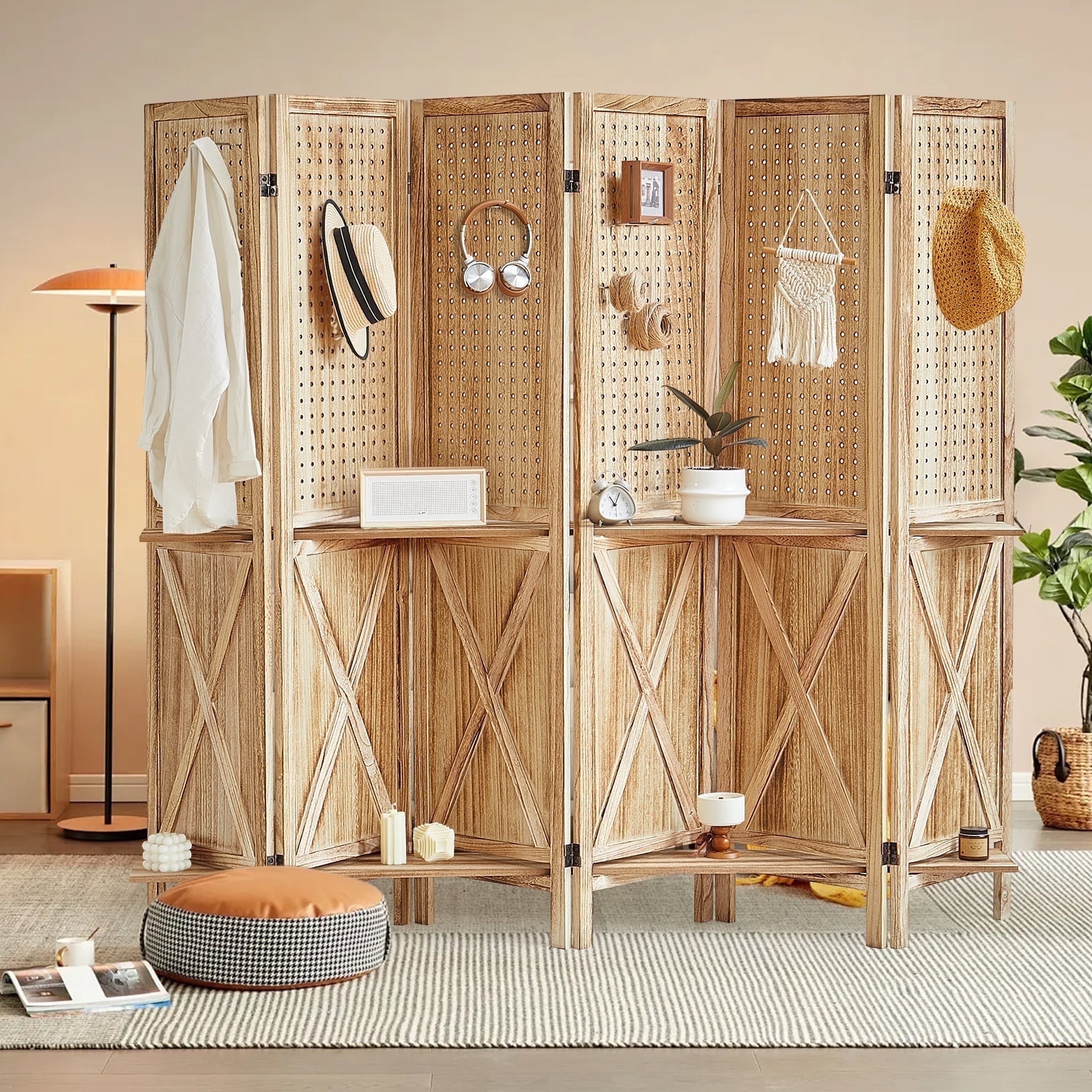 Aletheiawu 6 Panel Wood Display with 24 Hooks, Folding Room Divider, No ...