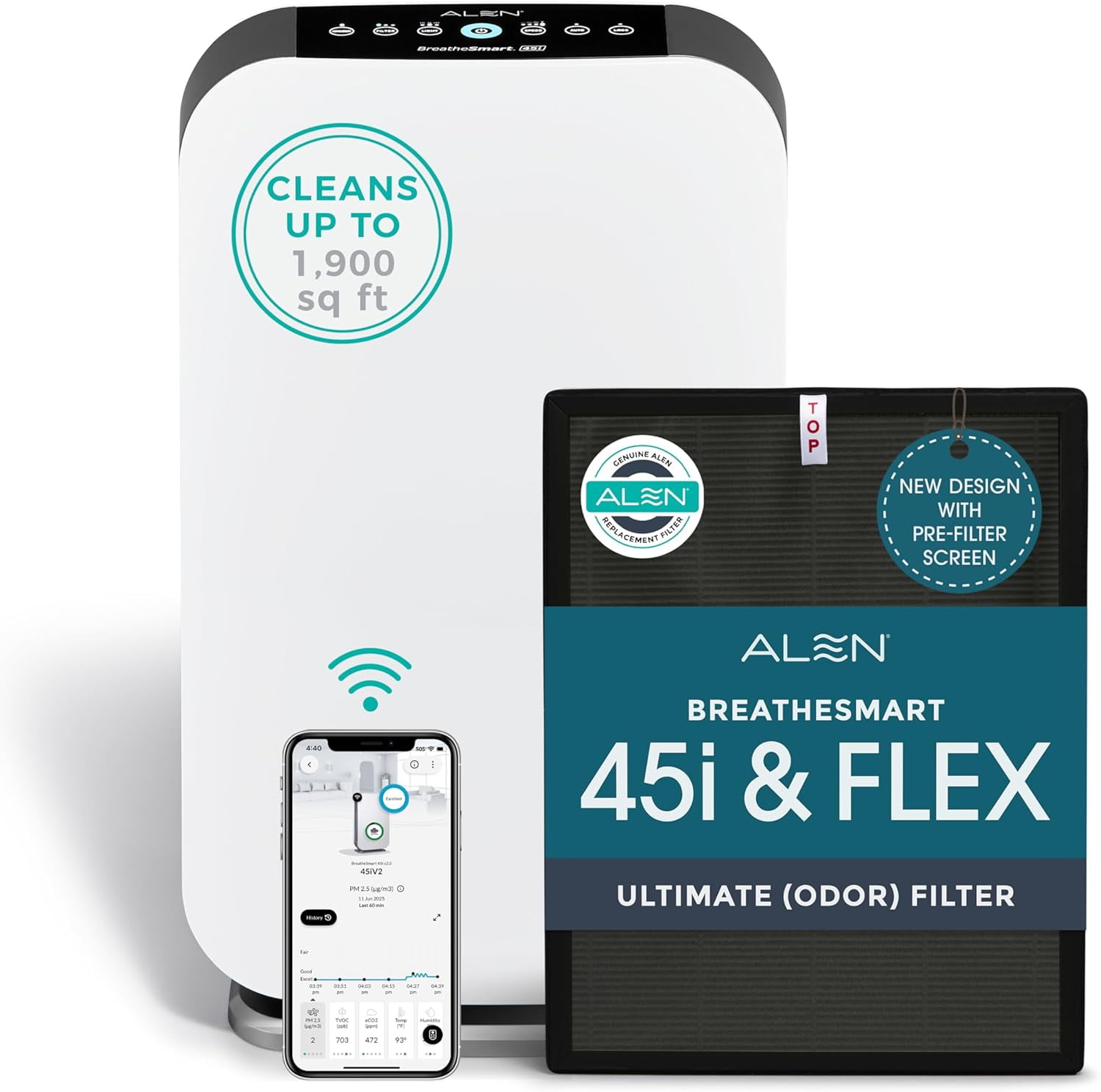 Alen Air Purifier BreatheSmart 45i HEPA with Odor Filter for Large ...