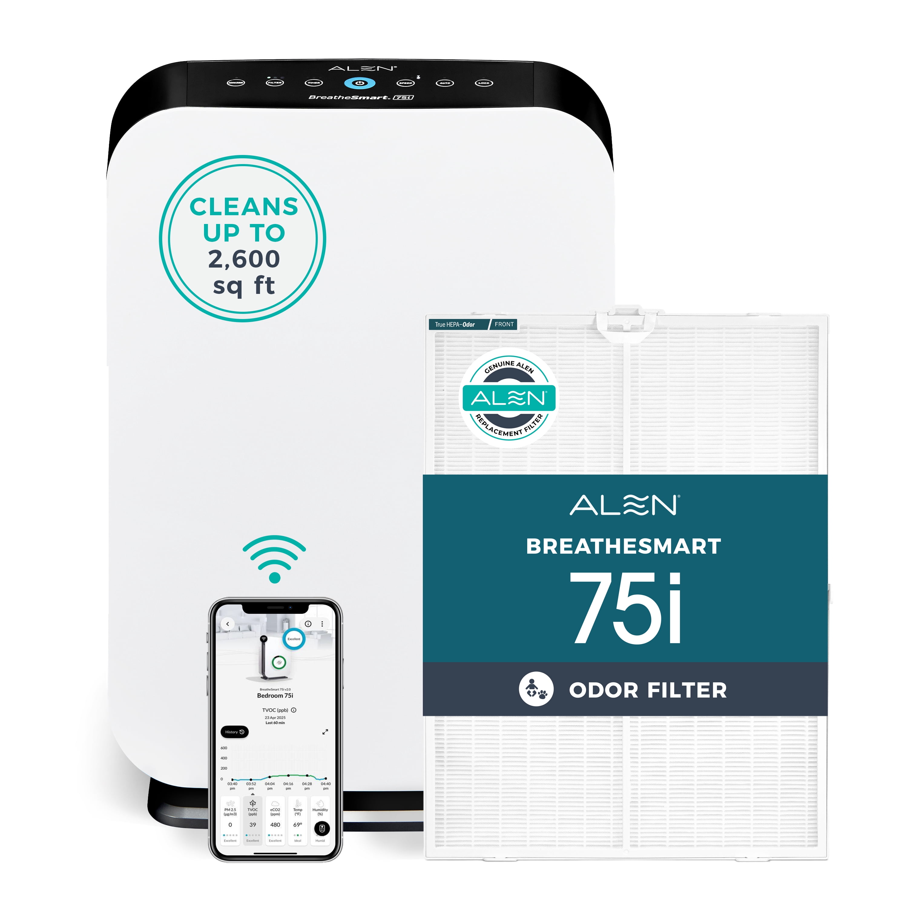 Alen Air Purifier BreatheSmart 75i HEPA w/ Odor Filter for Large Rooms ...
